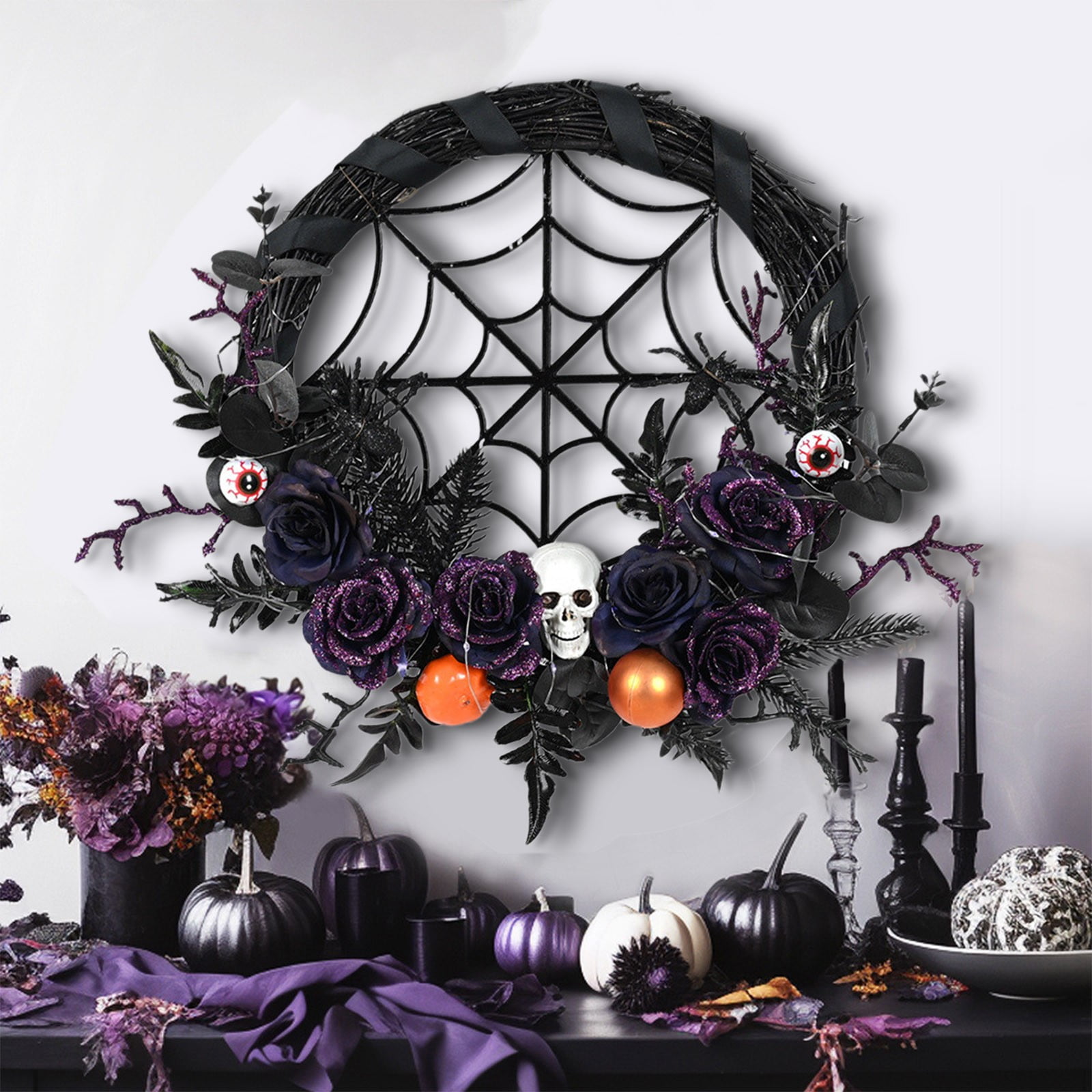 Purple Black Rattan Wreath, LED Lighted Door Wreath, 15.35 Inch ...