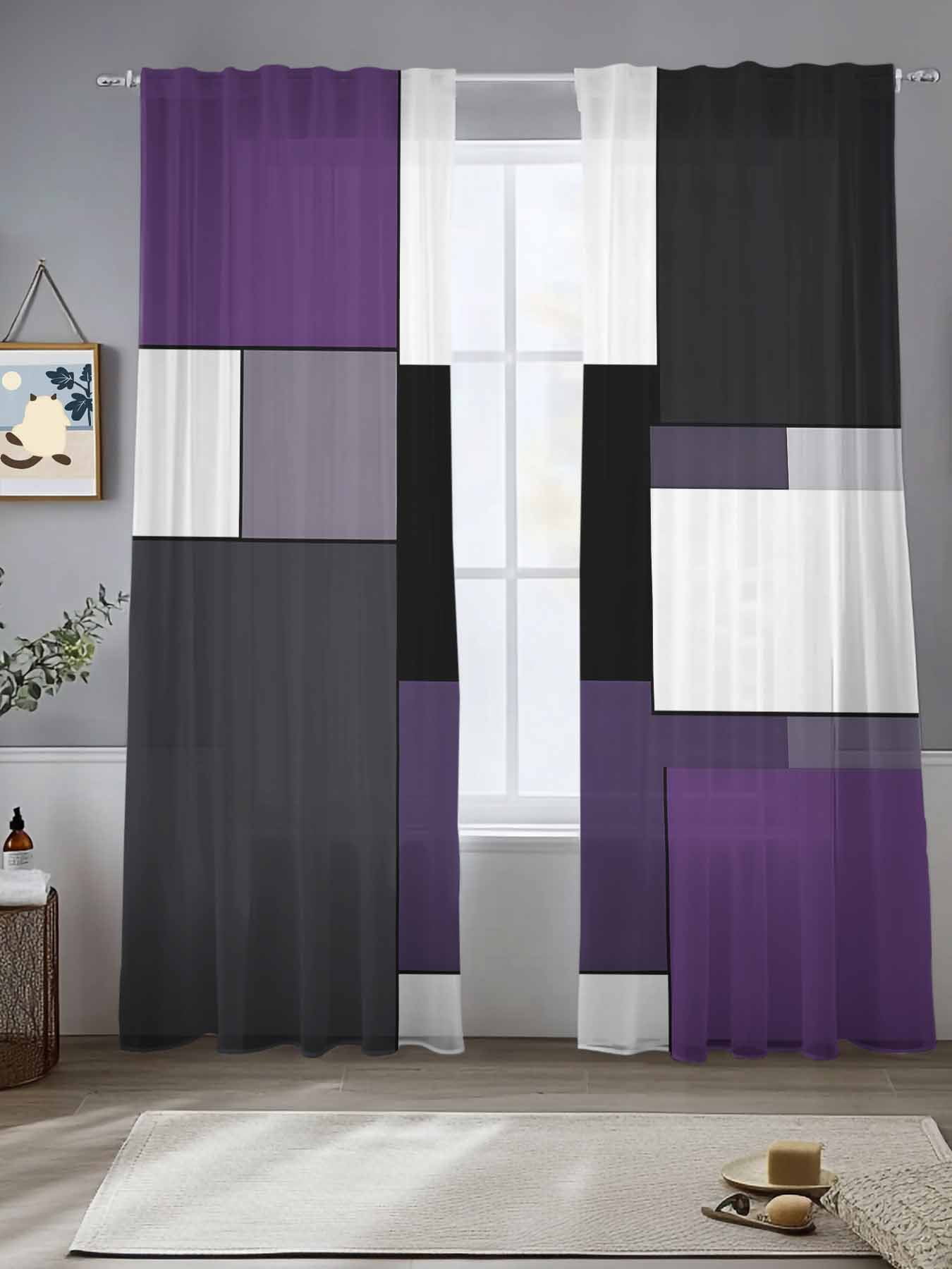 Purple Black Sheer Curtains 84 Inches Long 2 Panels Grey Geometric ...