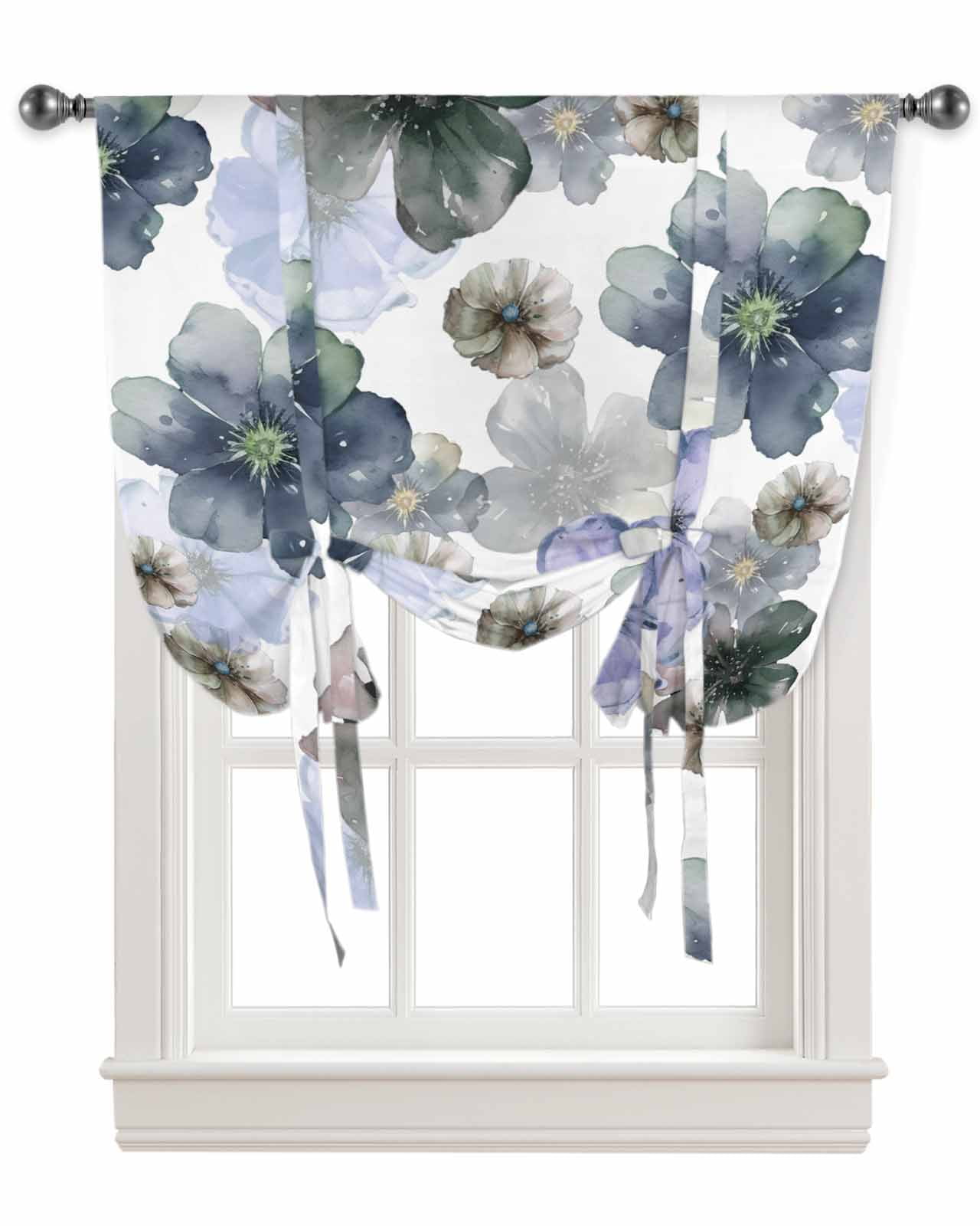 Purple Black Spring Floral Tie Up Curtains for Kitchen Bathroom Bedroom ...