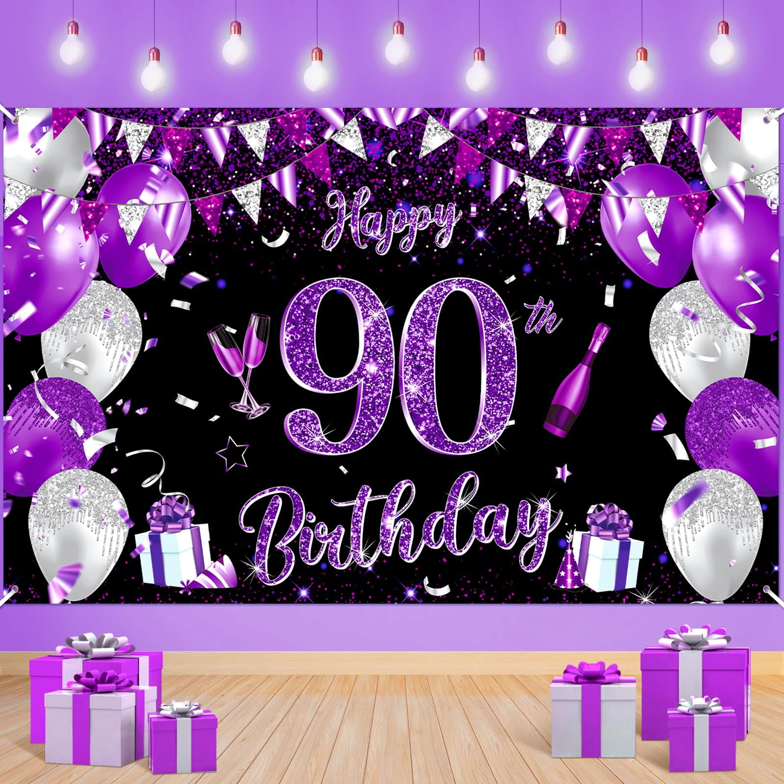 Purple & BlackUMRT 90th Birthday Banner - Large Silver Happy 90th ...