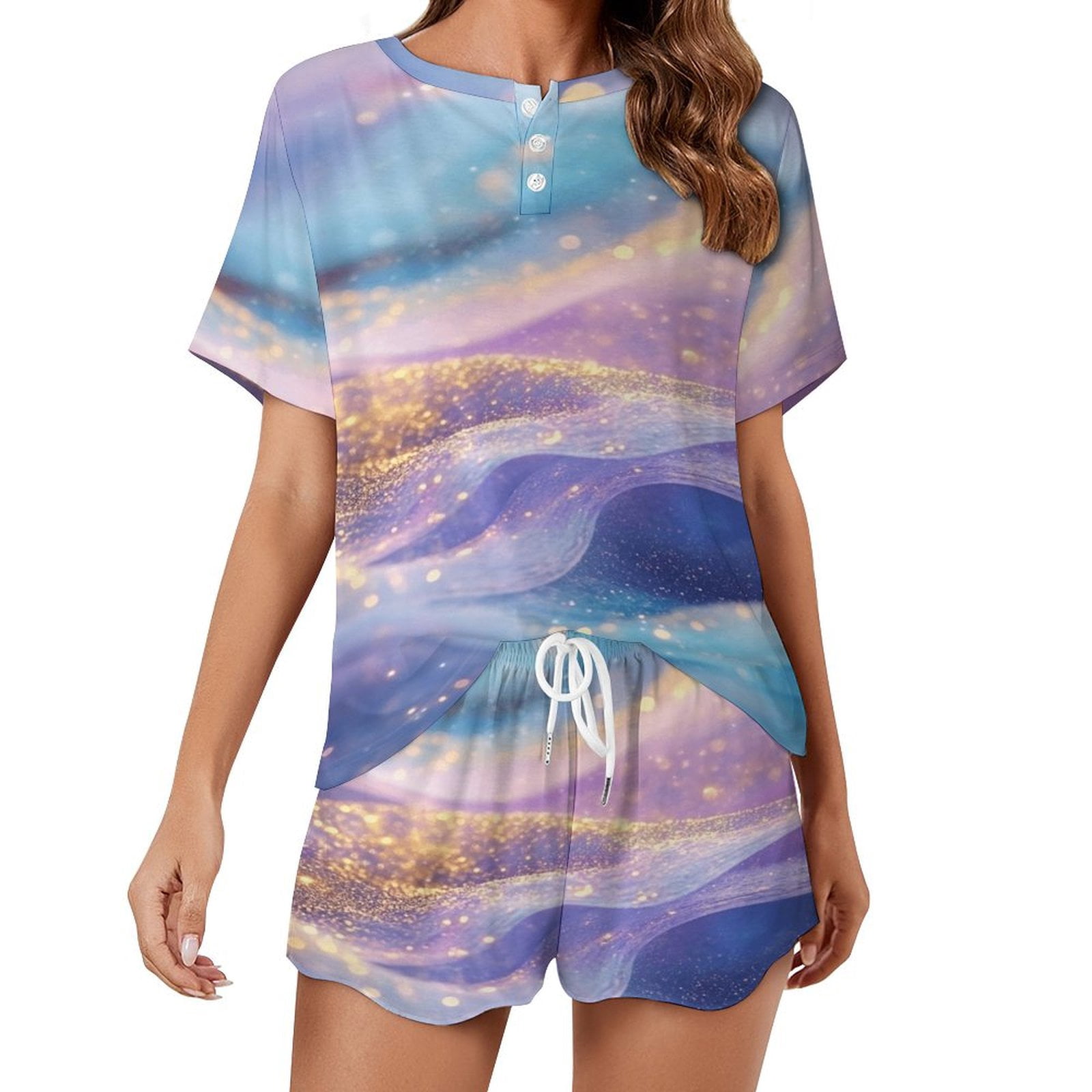 Purple Blue And Gold Wave Print Women'S Pajamas Set Summer Sleepwear ...