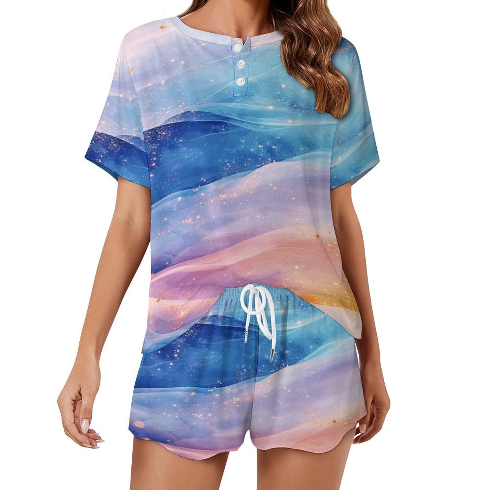 Purple Blue And Gold Wave Women's Ruffle Short Sleeve Tops And Shorts Cute Peeps Bunny Pajamas ...