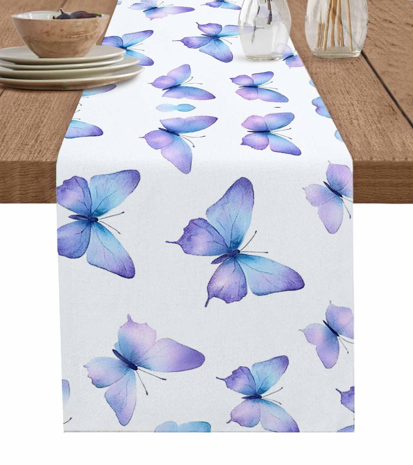 Purple Blue Butterfly Burlap Cotton Table Runner 14x72 Inches Long ...