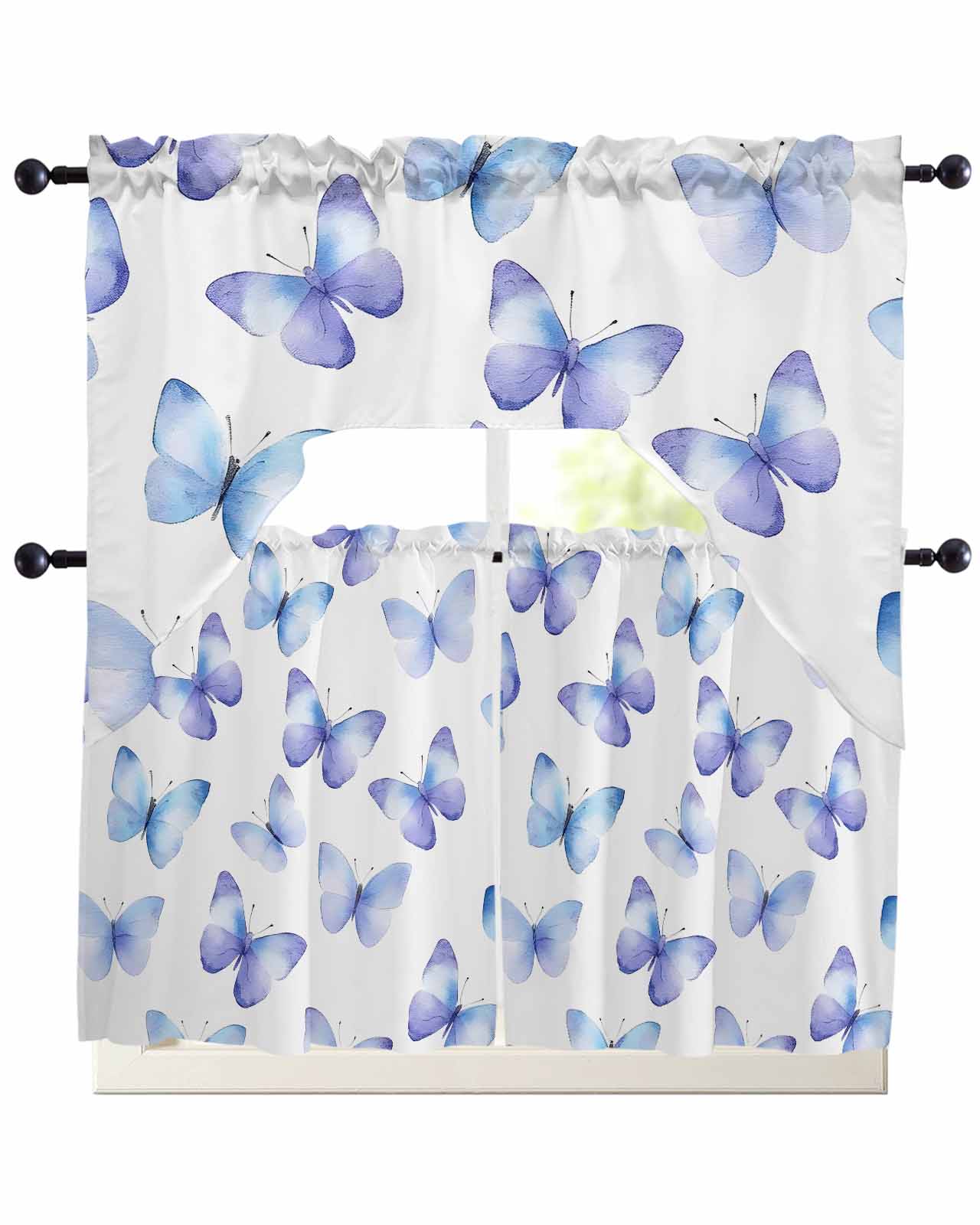 Purple Blue Butterfly Kitchen Curtains Sets 36 Inch Length with Valance ...