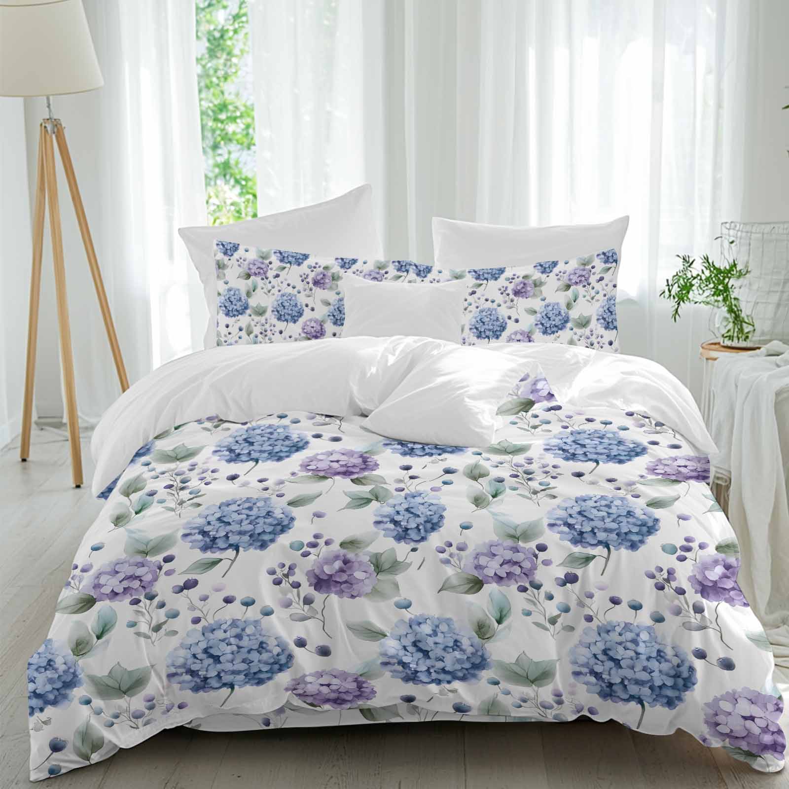 Purple Blue Duvet Cover Set Queen Size Hydrangea Floral Fruit ...