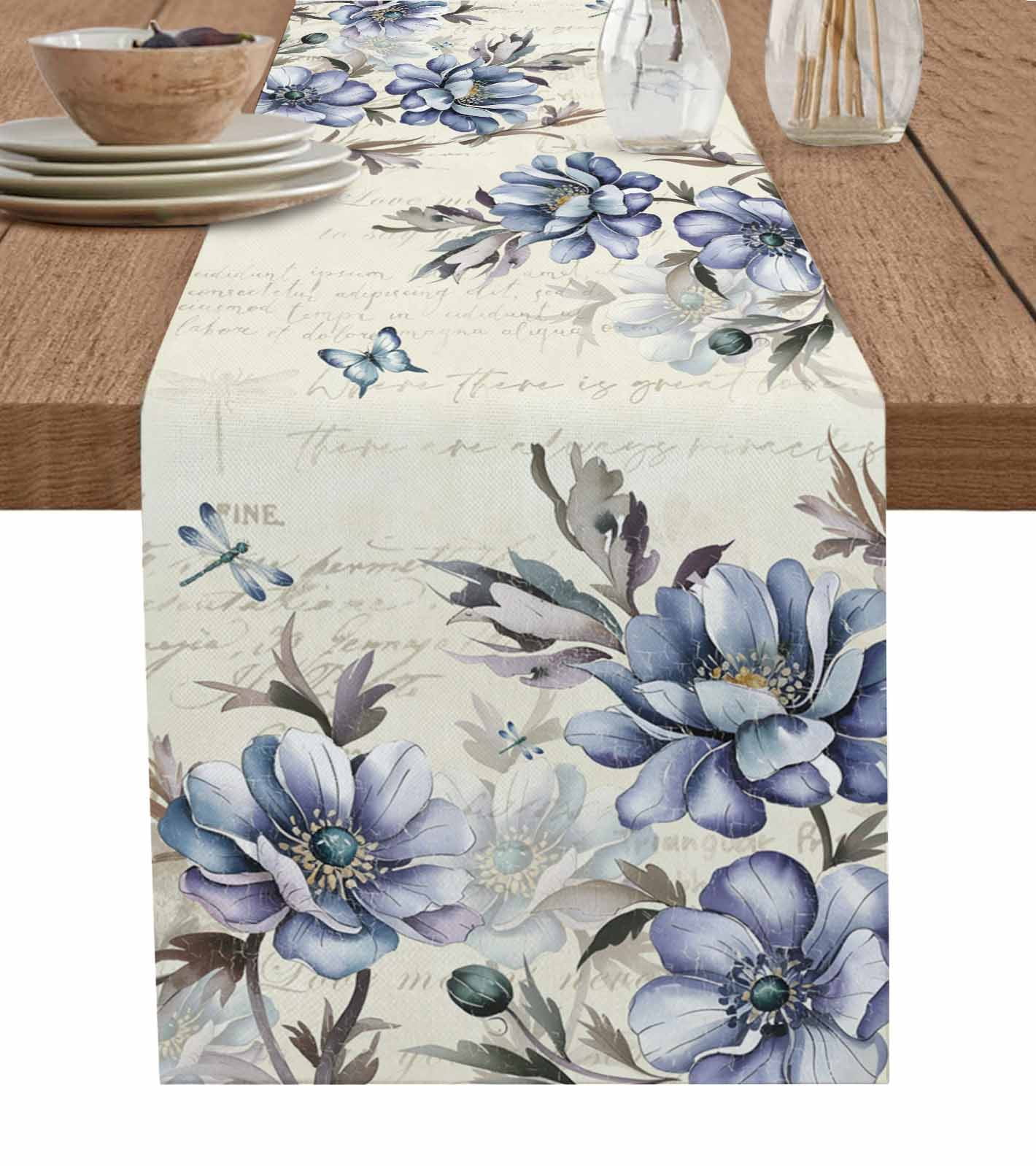 Purple Blue Flower Table Runner Farmhouse Botanical Floral Butterfly ...