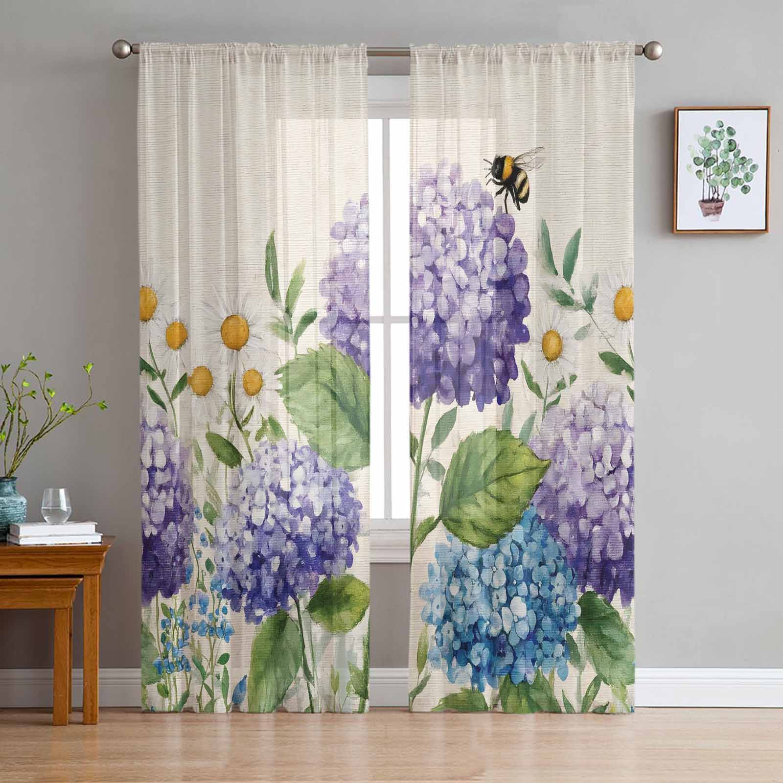 Purple Blue Flowers Sheer Curtains 84 Inches Long 2 Panels Set, Window ...