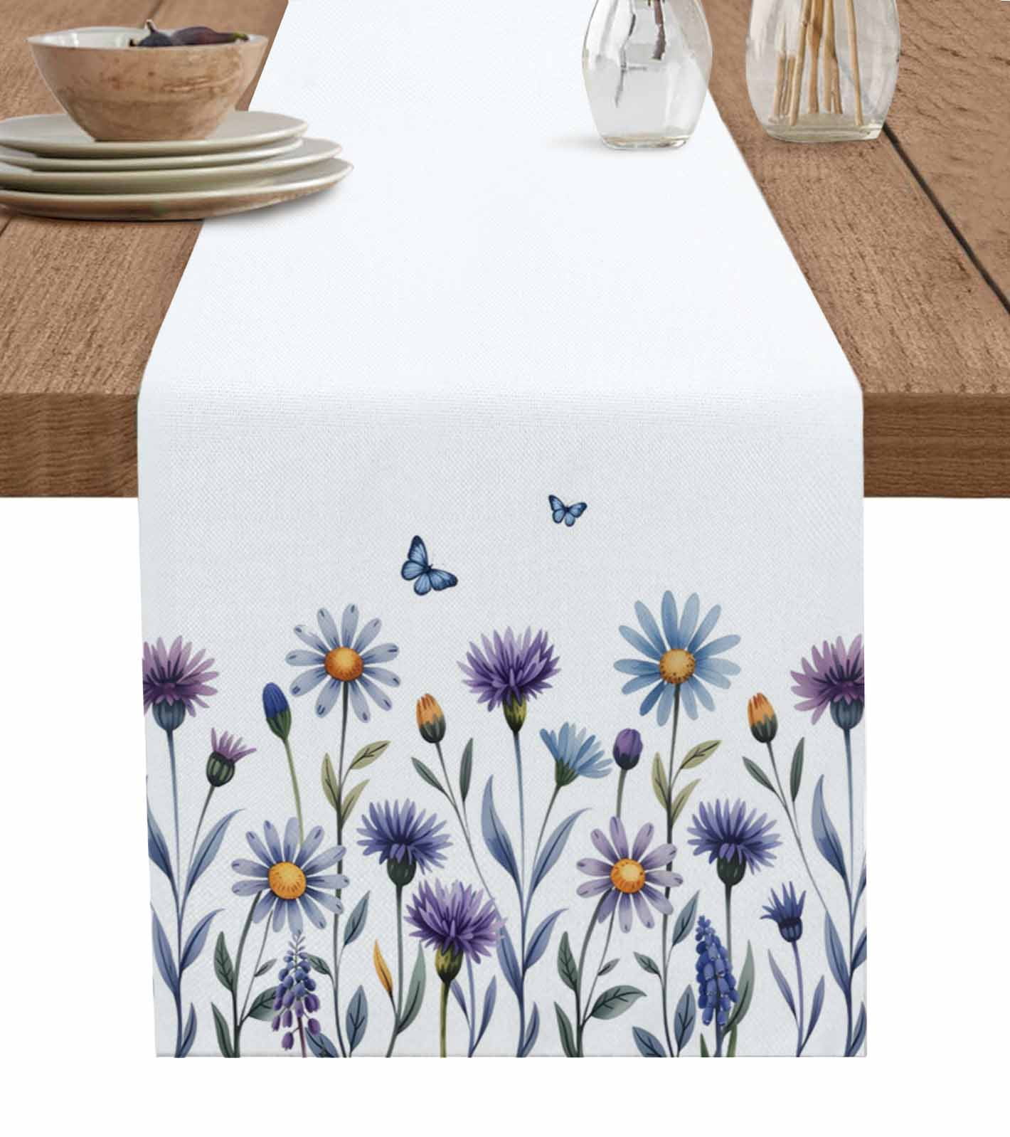 Purple Blue Flowers Table Runner 108 Inches, Country Botanical Floral ...