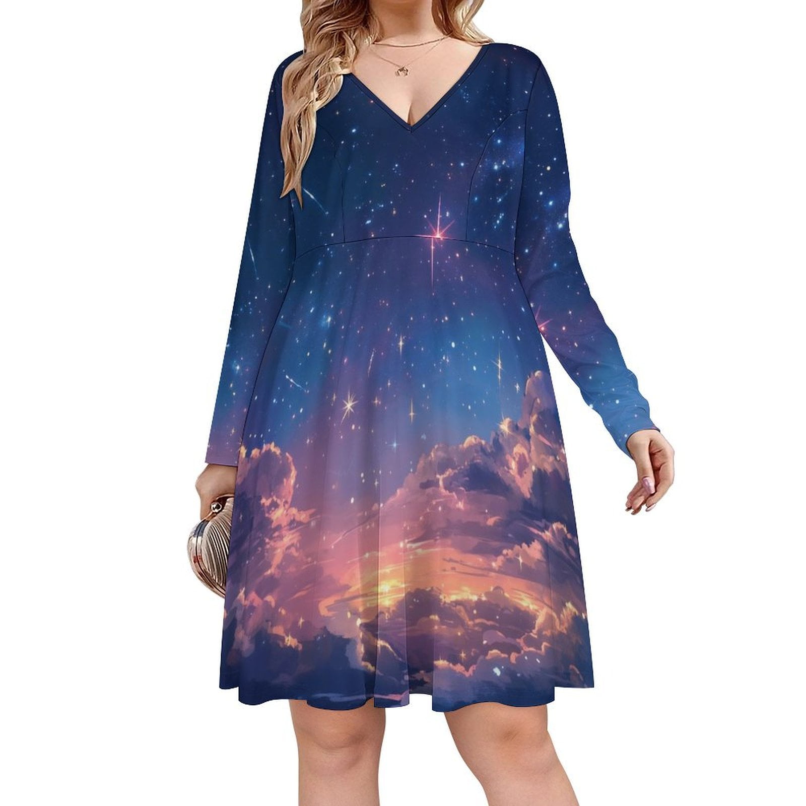 Purple Blue Galaxy Nebula Long Sleeve Dresses For Women Vintage Elegant ...