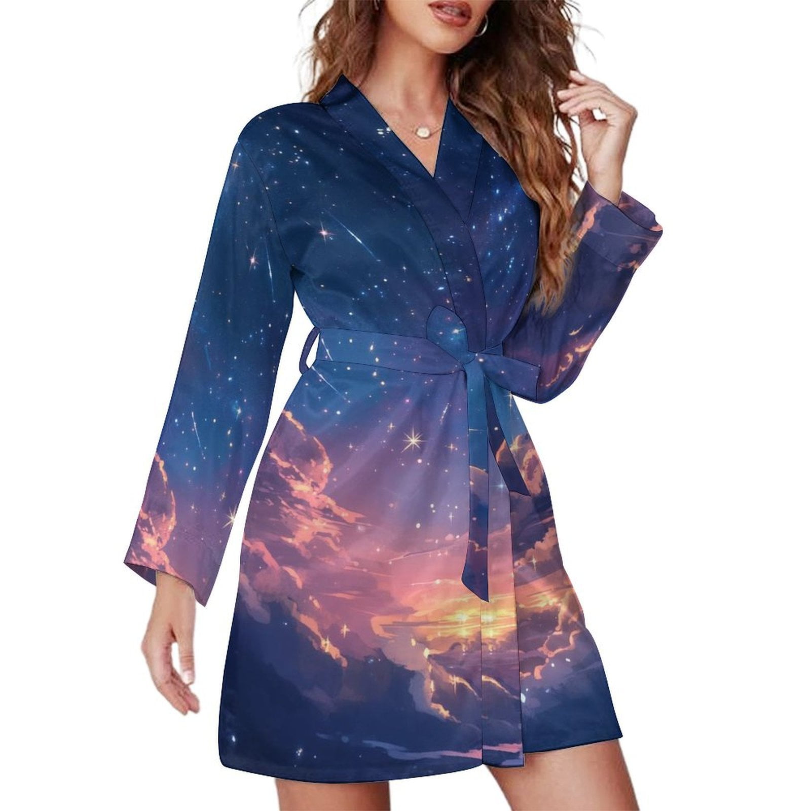 Purple Blue Galaxy Nebula Night Robe Long Sleeve V Neck Robe With Belt ...