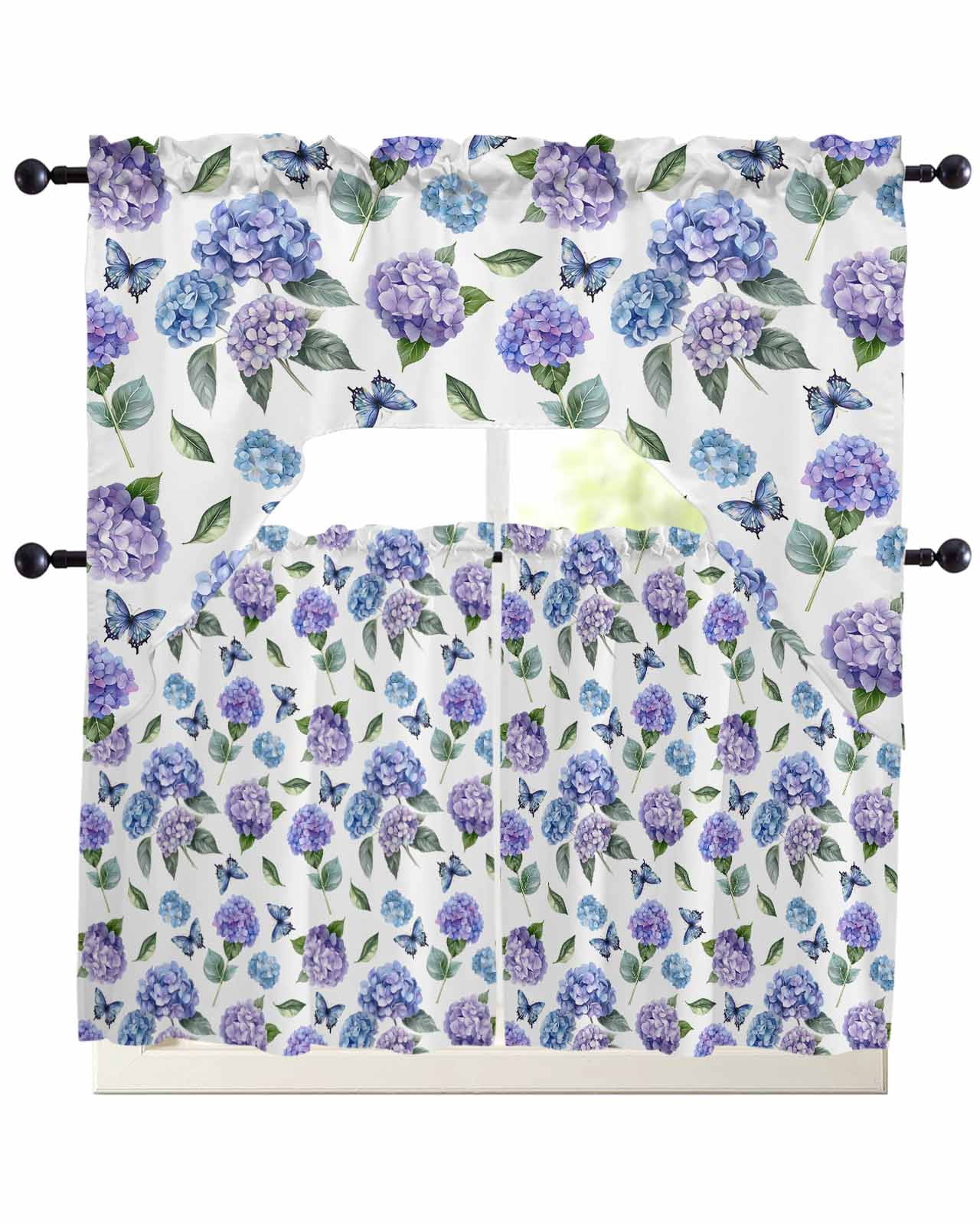 Purple Blue Hydrangea Kitchen Curtains Sets 24 Inch Length with Valance ...