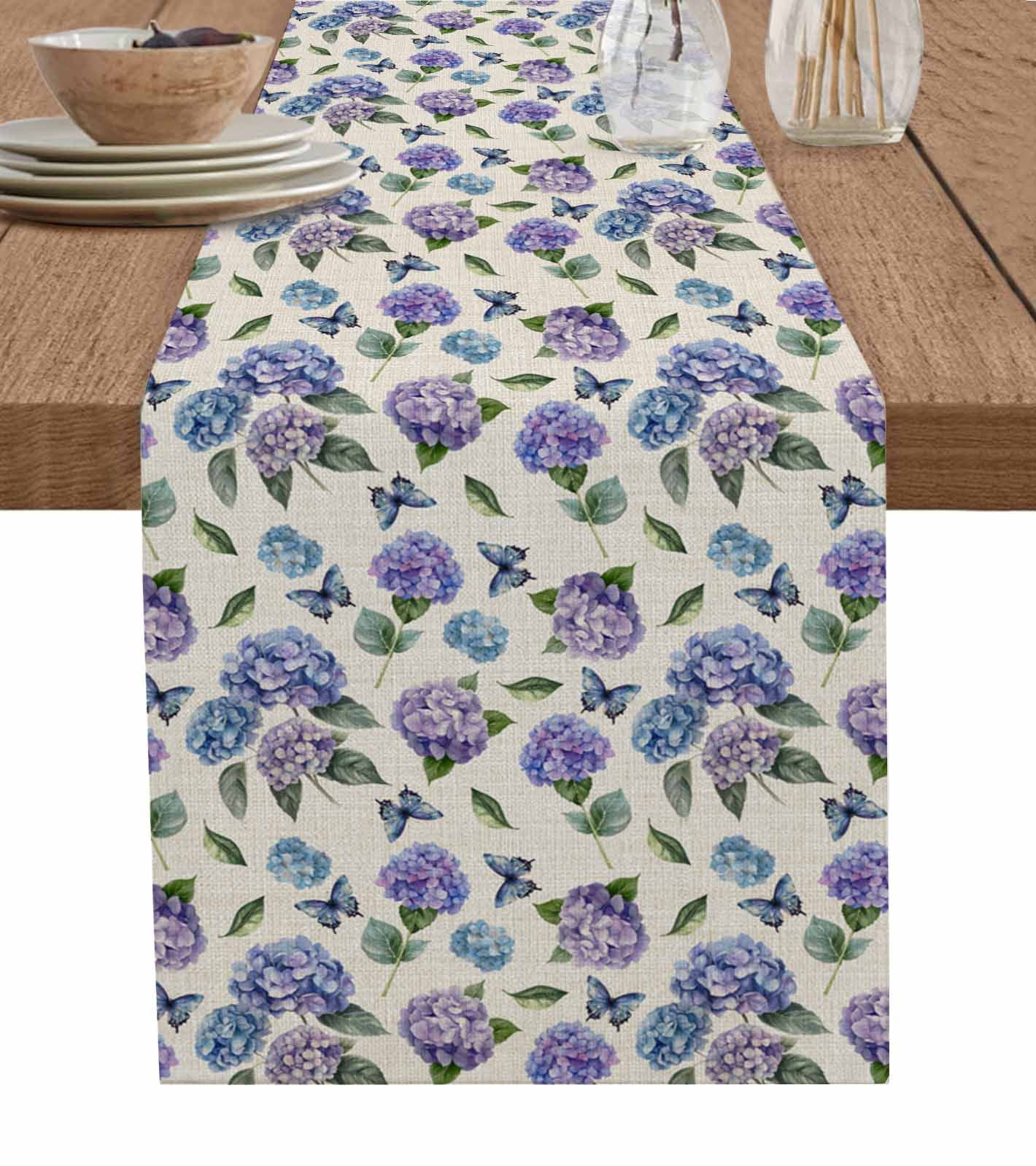 Purple Blue Hydrangea Table Runner 72 Inches, Pastoral Butterfly Botanical Bed Runner Dresser ...