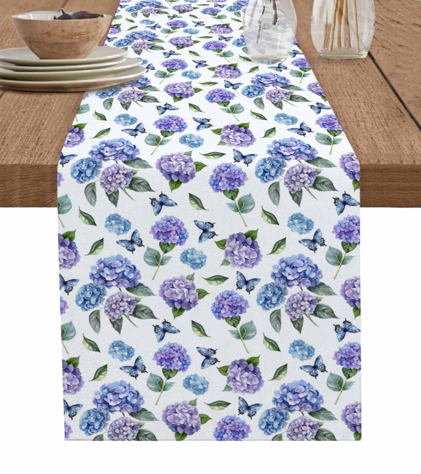 Purple Blue Hydrangea Table Runner 72 Inches, Watercolor Butterfly ...