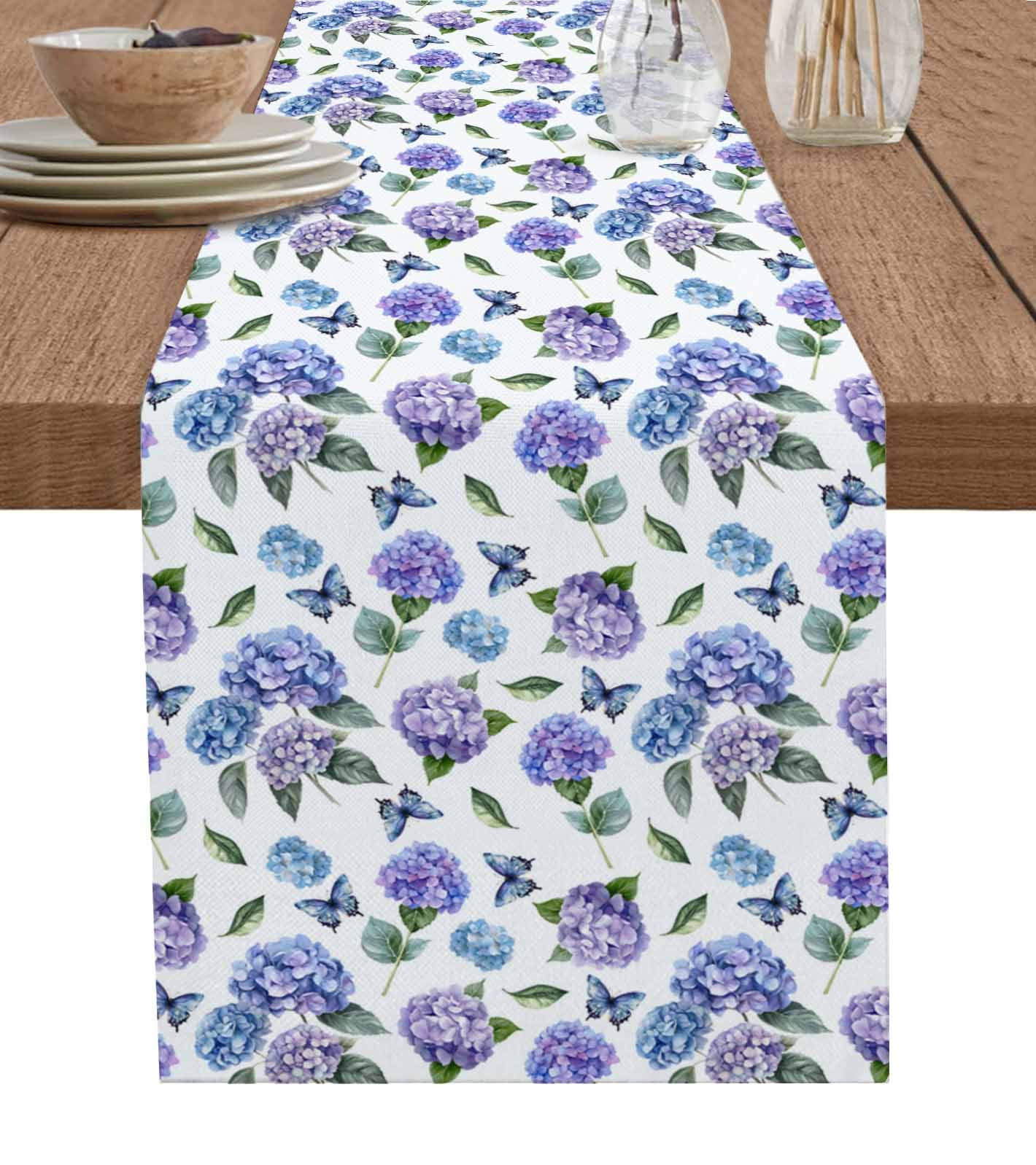 Purple Blue Hydrangea Table Runner Cotton Linen 48 Inch Holiday Dresser Scarves, Watercolor ...