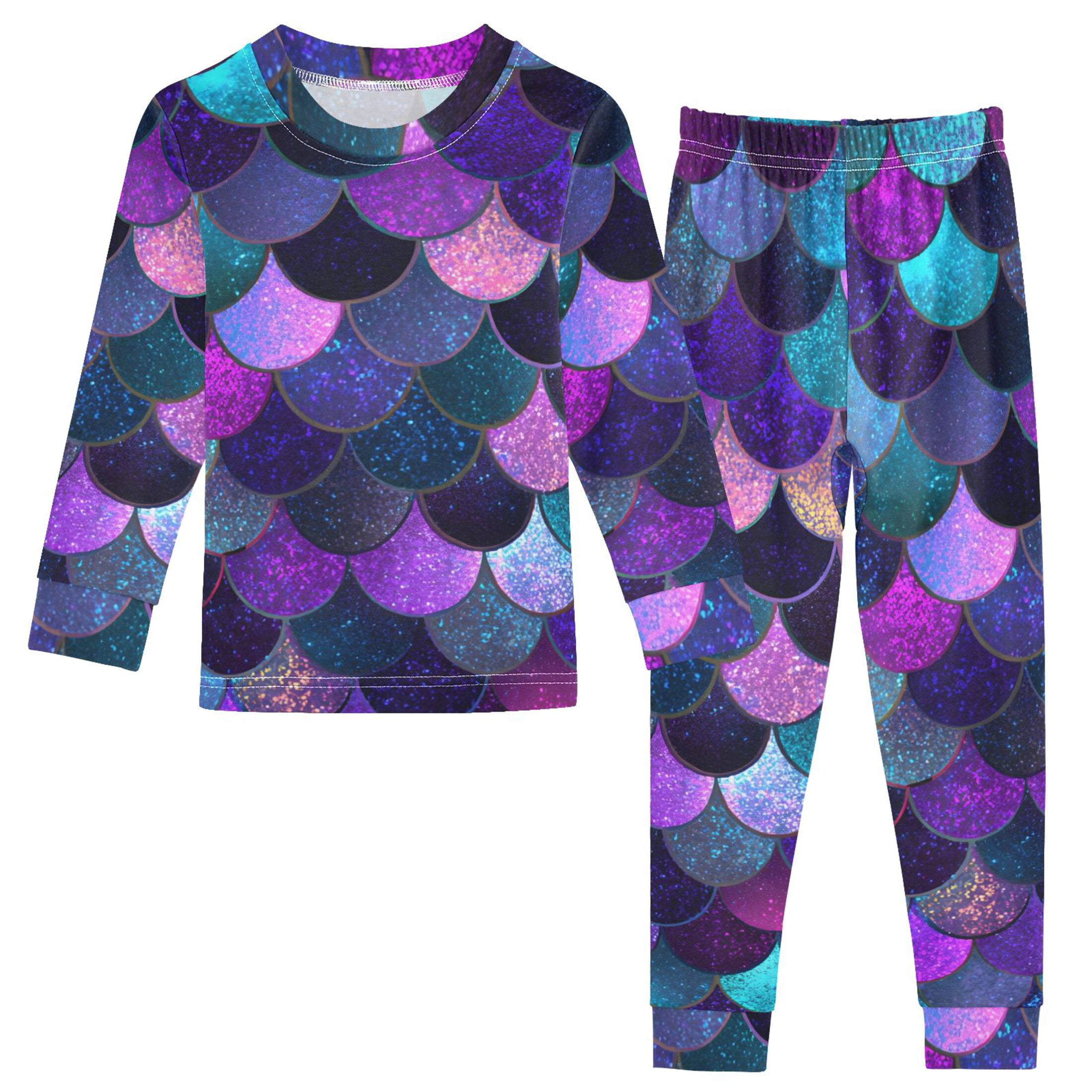 Purple Blue Mermaid Scales Cotton Pajama Set Long Sleeve Top and Pants ...