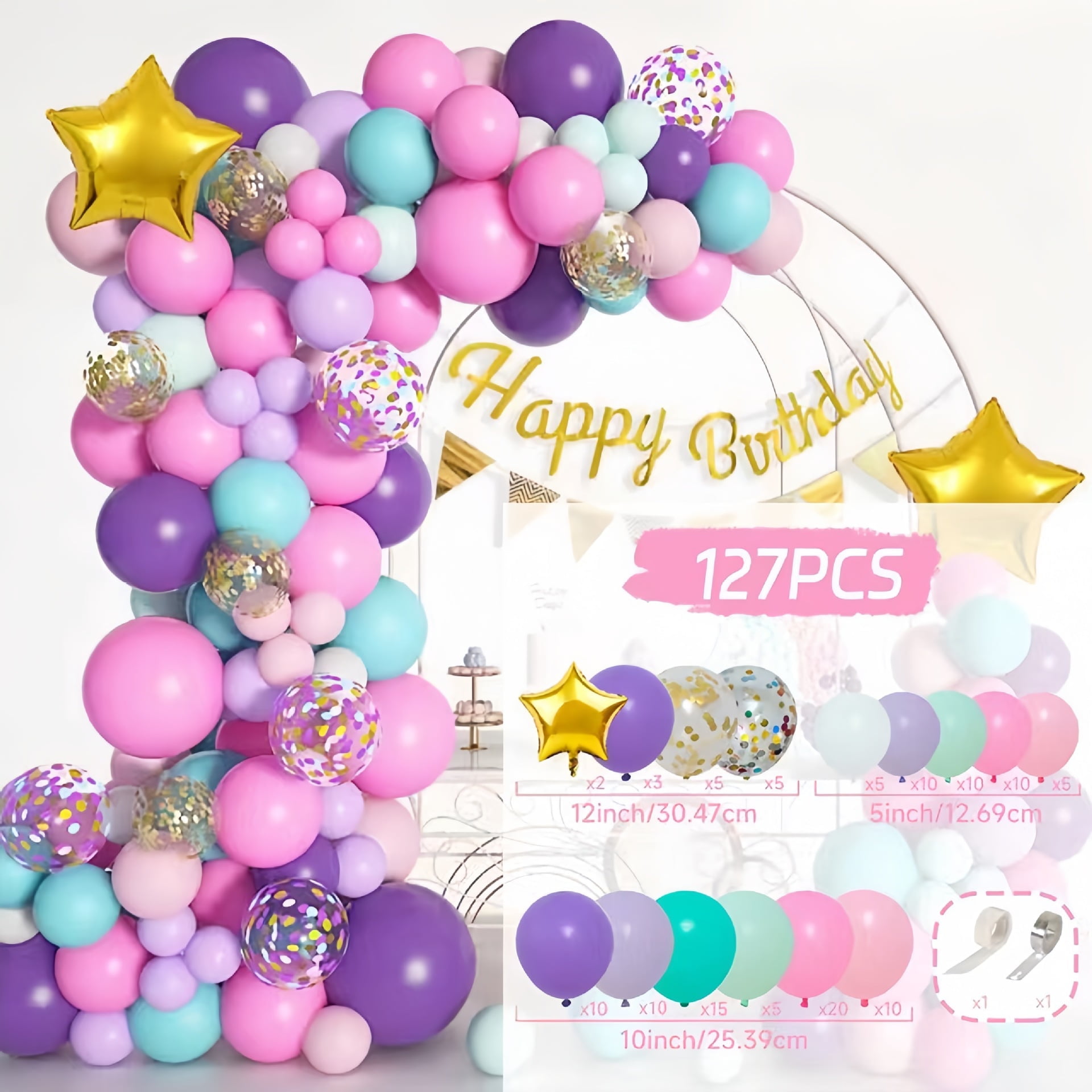 Purple Blue Pink Gold Balloon Garland Kit, 127 Pieces Latex Balloon ...