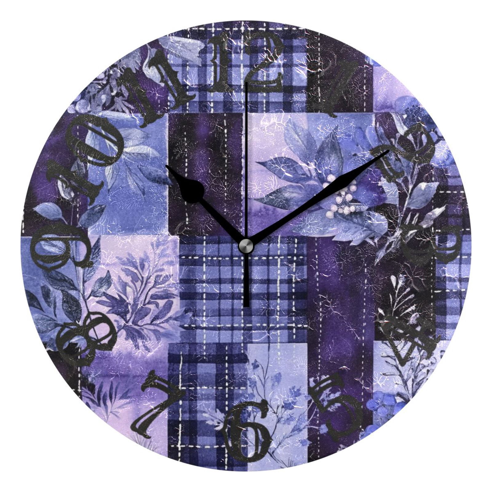 Purple Blue Winter Leaves Wall Clock 10 inch Non-Ticking Easy to Read ...