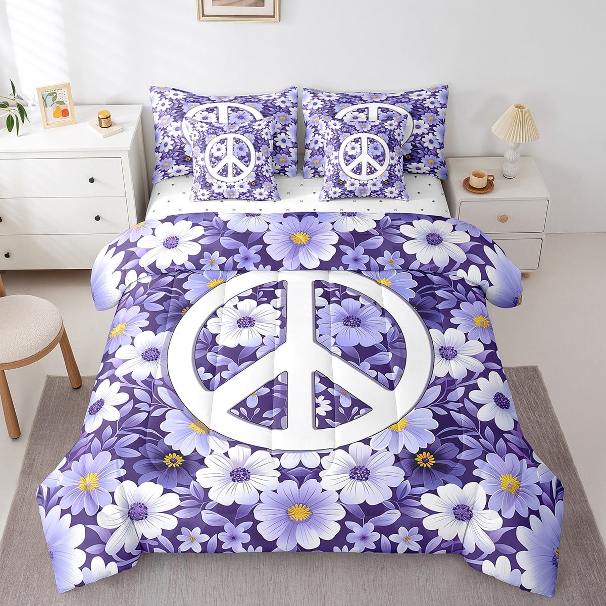 Purple Bohemian Bedding Set Peace Sign Hippy King Comforter 7 Pieces ...