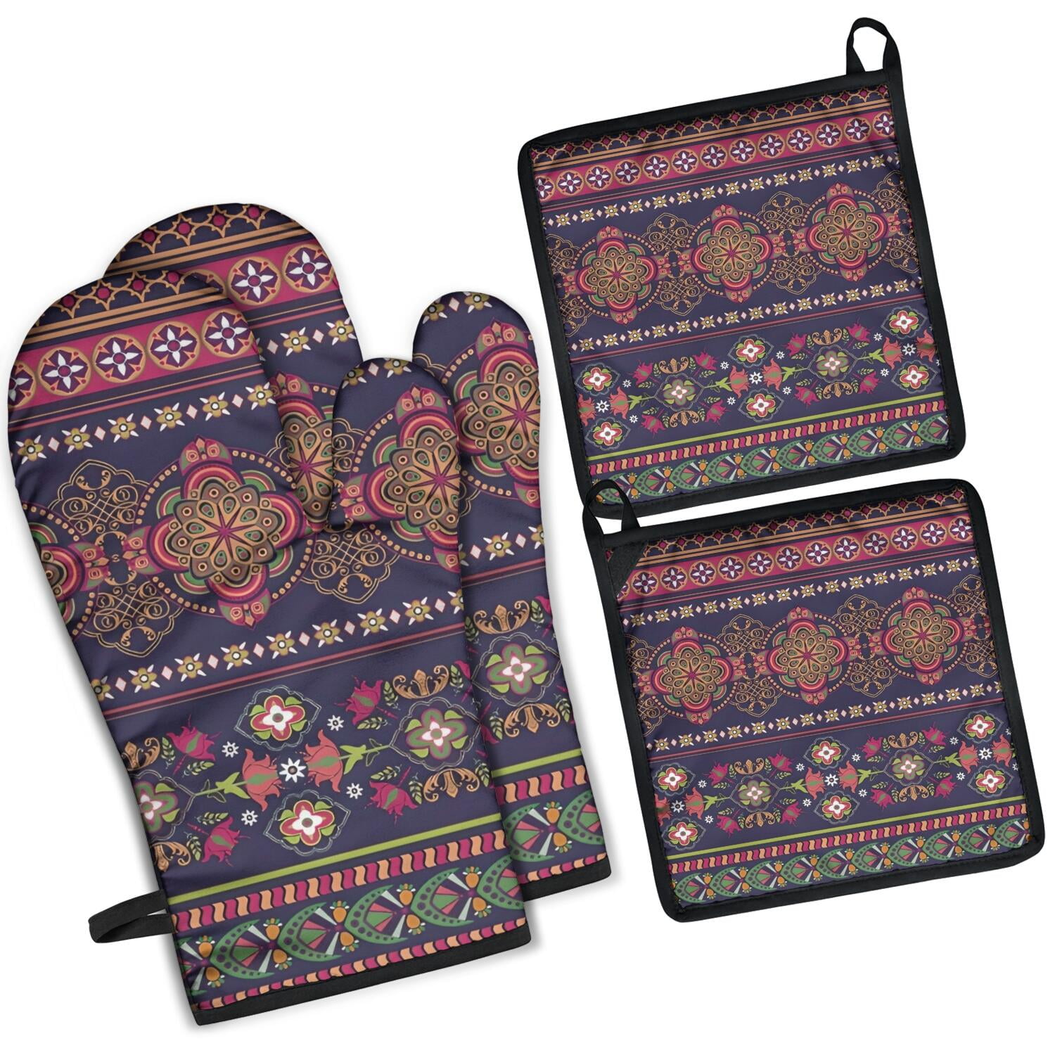Purple Boho Tribal Floral and Mandalas Pattern Kitchen Oven Mitt and ...