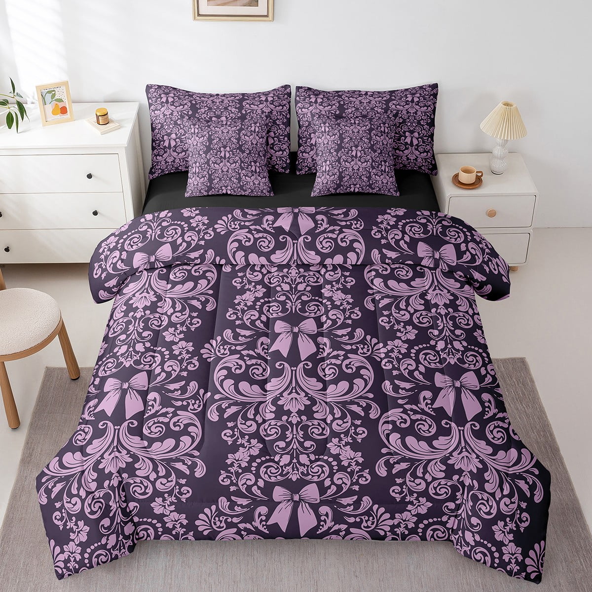 Purple Bow Knot Bed in a Bag King Size Comforter Set 7 Pieces,Antique ...