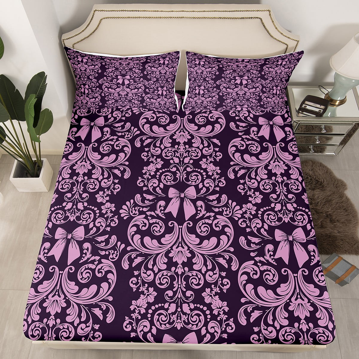 Purple Bow Knot Fitted Sheet Antique Victorian Damask Bed Sheets Twin,Bow Knot Sheets Vintage ...