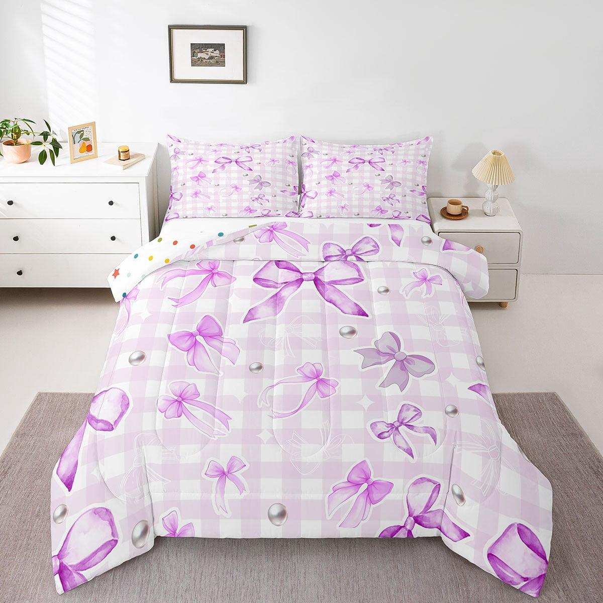 Purple Bowknot Women Comforter Full,Elegant Bows Print Bedding Set ...