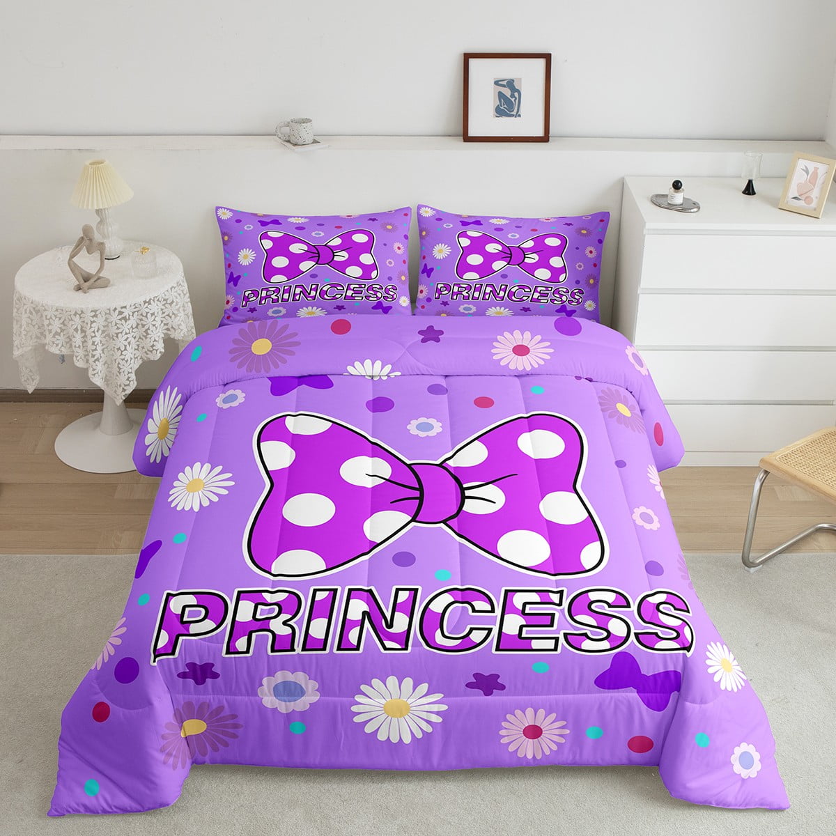 Purple Bowknot Kids Comforter Set Twin Size,Star Daisy Floral Geometric ...