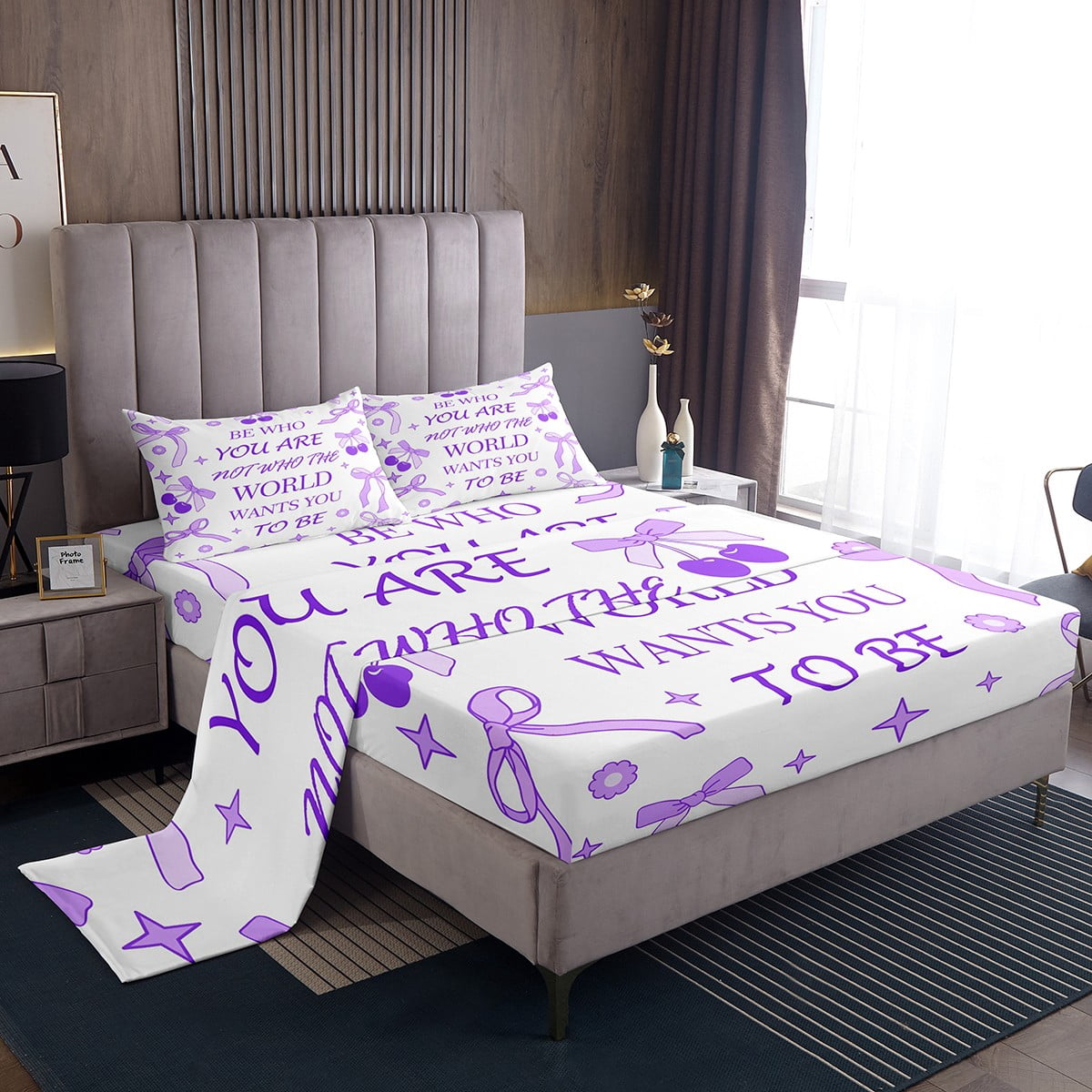 Purple Bowknot Sheet Queen Size,Cherry Tropical Fruit Stars Daisy Cute ...