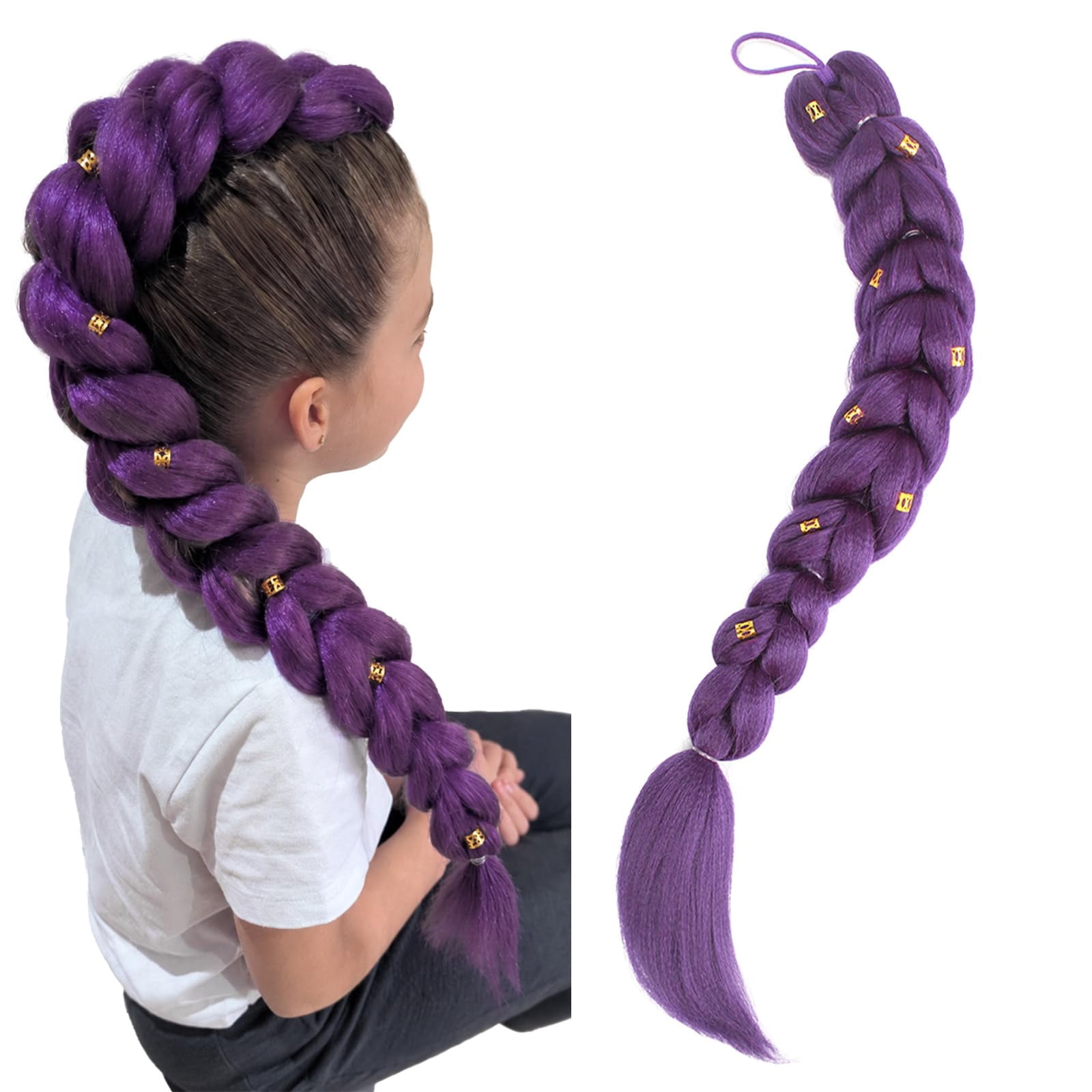 Purple Braided Ponytail Pre-Braided Synthetic Hair 22Inch Easy Tie-on ...