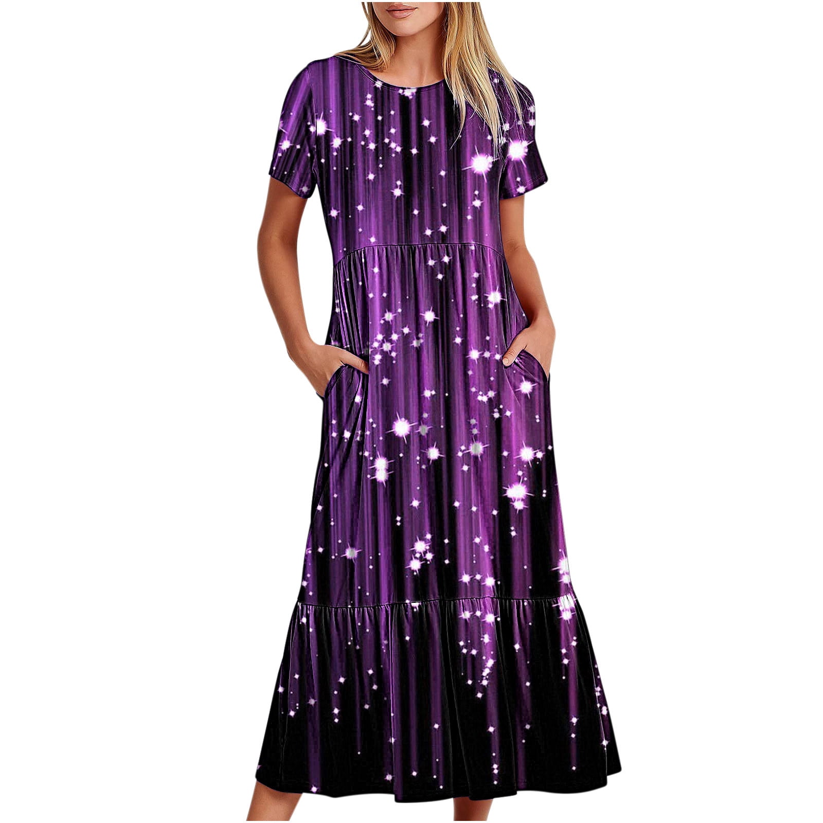 Purple Brunch Dresses for Ladies Fall Summer Short Sleeve Crew Neck ...