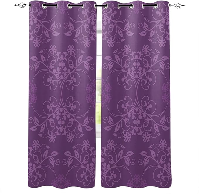 Purple Bushy Leaves Pattern Window Curtains, Vintage Pattern Thermal ...
