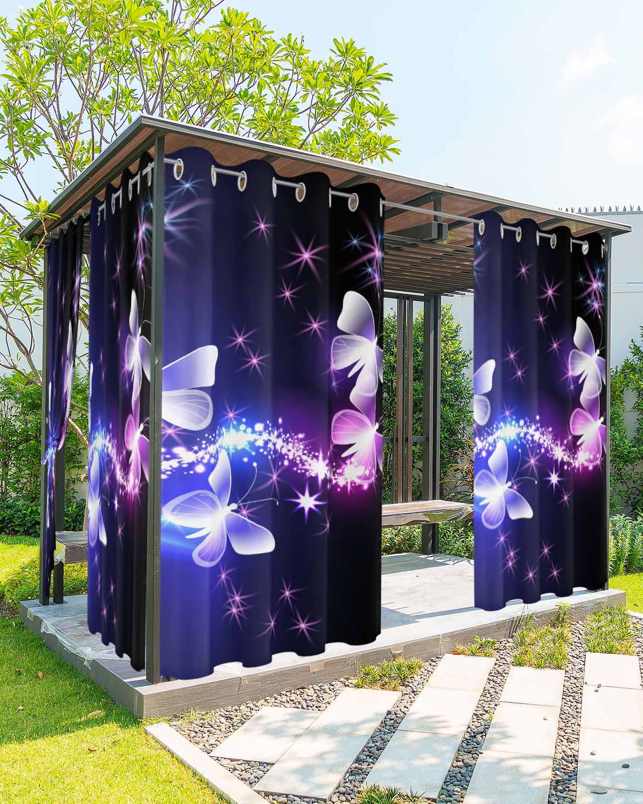 Purple Butterflies Outdoor Curtains for Patio, Modern Abstract Fantasy ...
