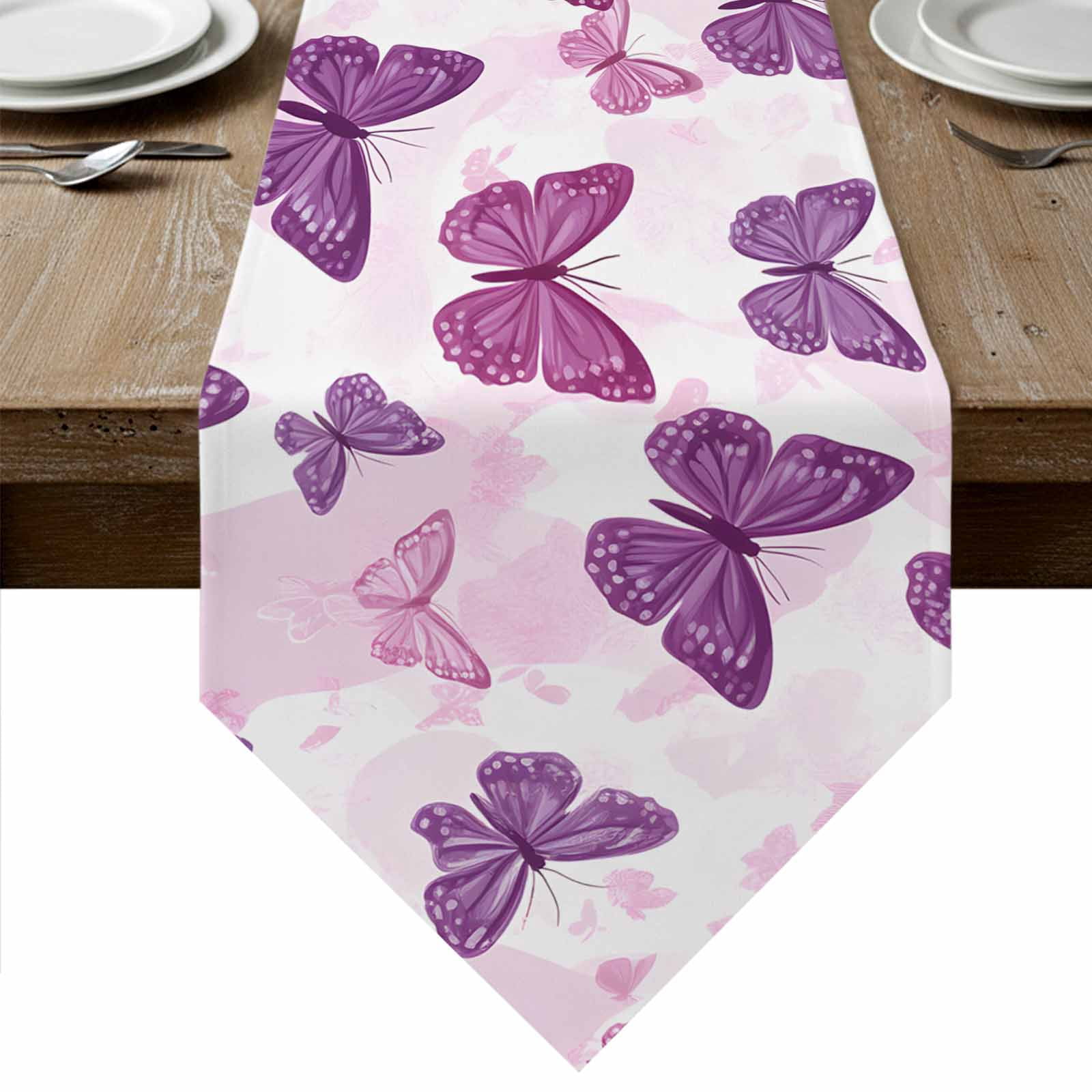 Purple Butterflies Table Runner Linen Burlap Table Runner 60 Inches ...