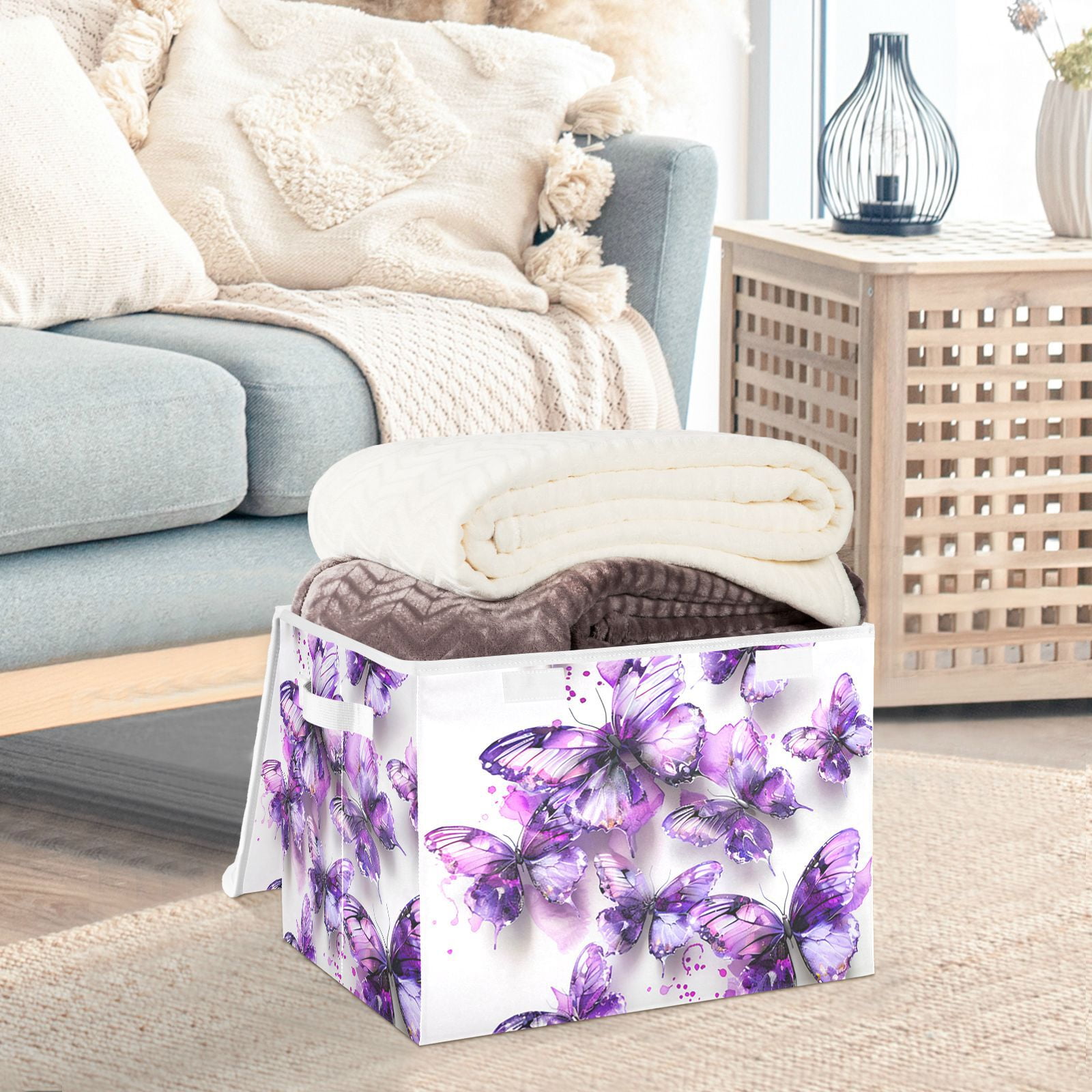Purple Butterflies Watercolor Storage Basket Foldable Laundry Basket ...