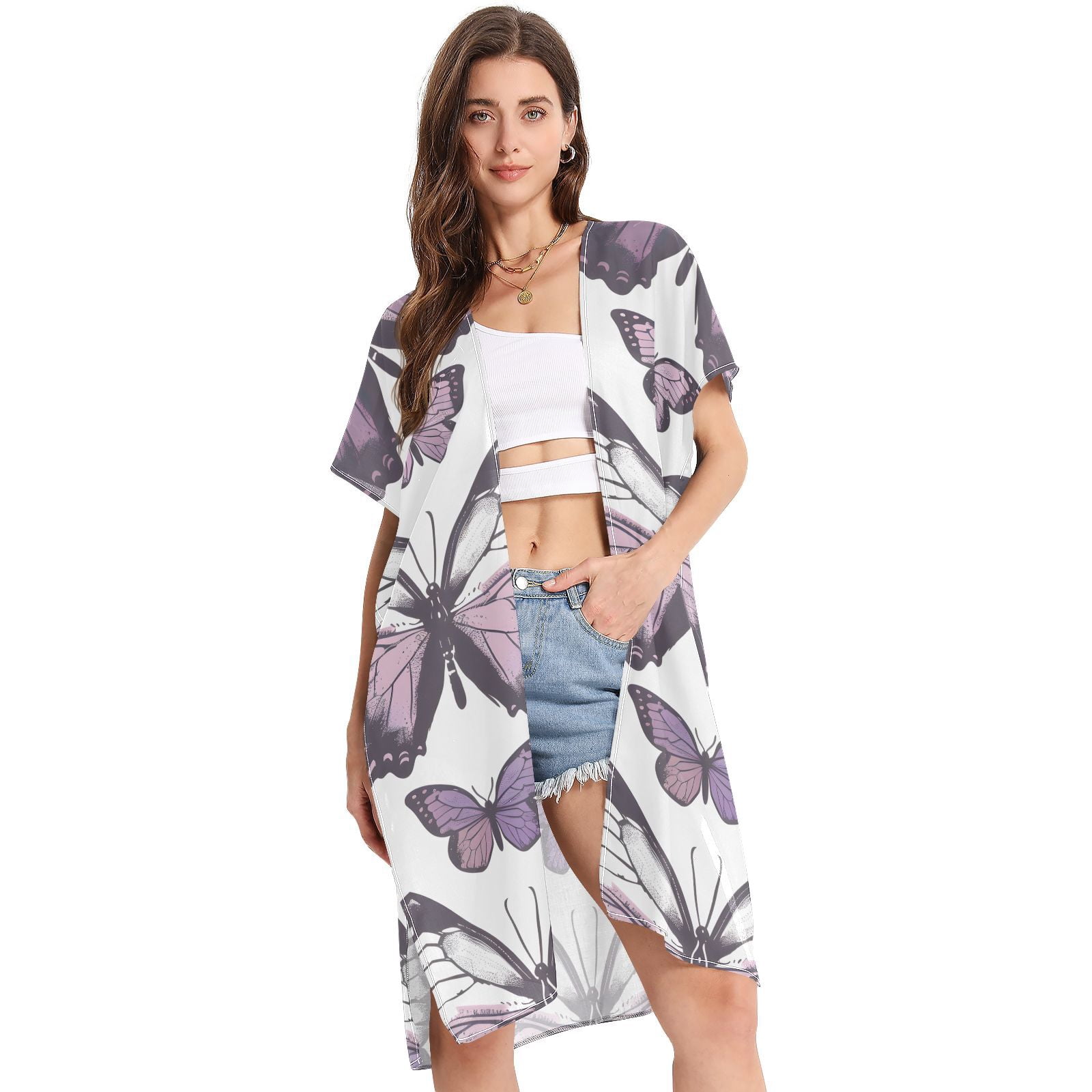 Purple Butterflies Women Swimsuit Cover up V Neck Beach Dress Short ...