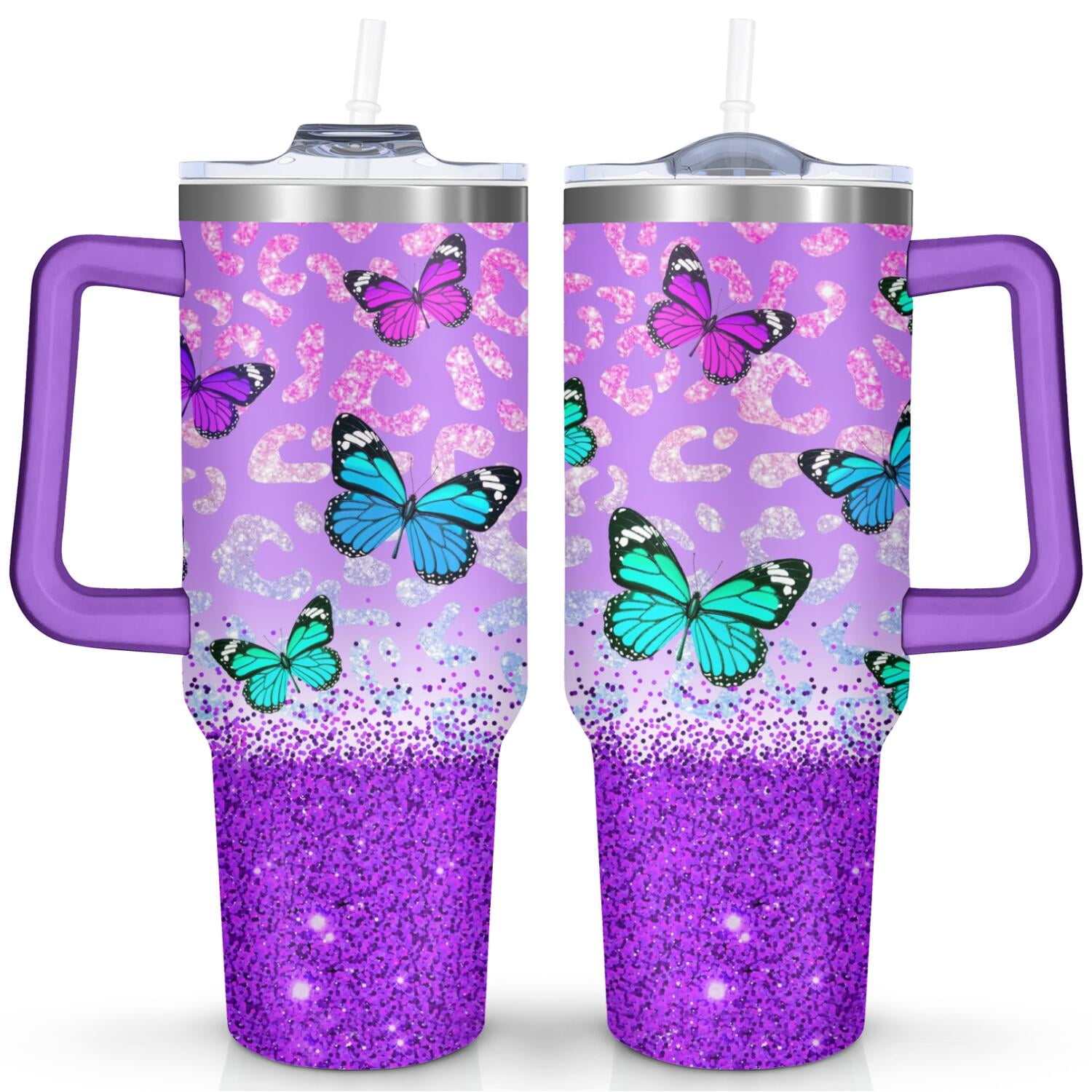 Purple Butterfly 40 Oz Tumbler with Handle and Straw,Double Wall Vacuum ...