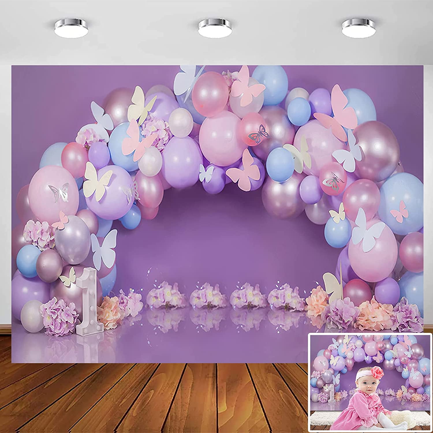 Purple Butterfly Balloons Flowers Background for Girl 1st Birthday Cake ...