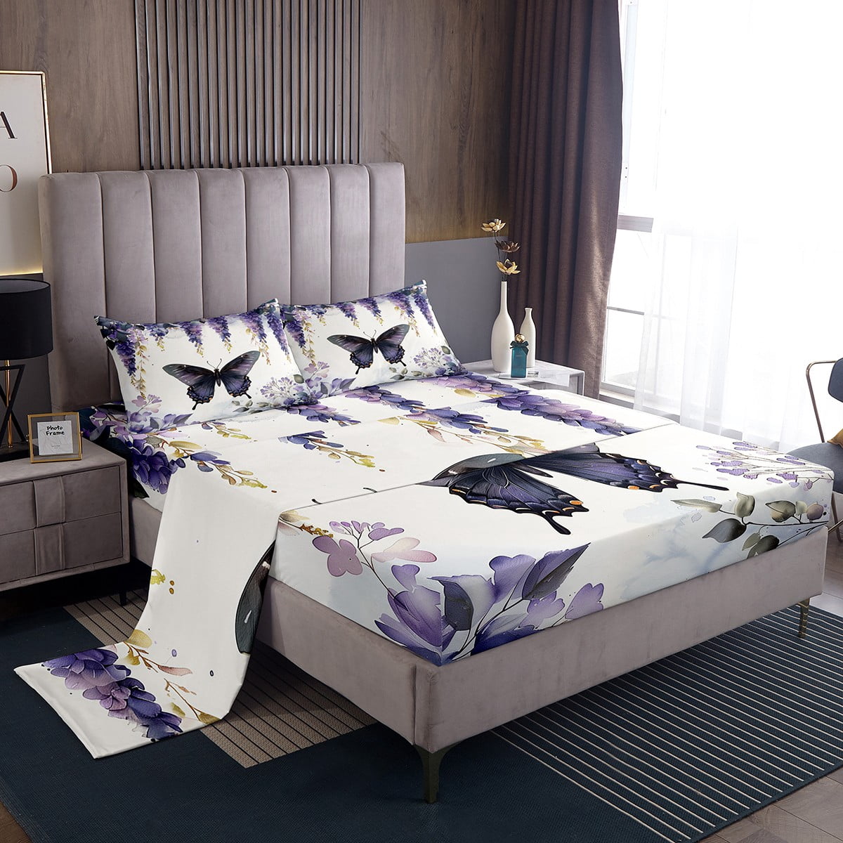 Purple Butterfly Bed Sheets Set,Wisteria Florals Twin Sheets Rustic ...