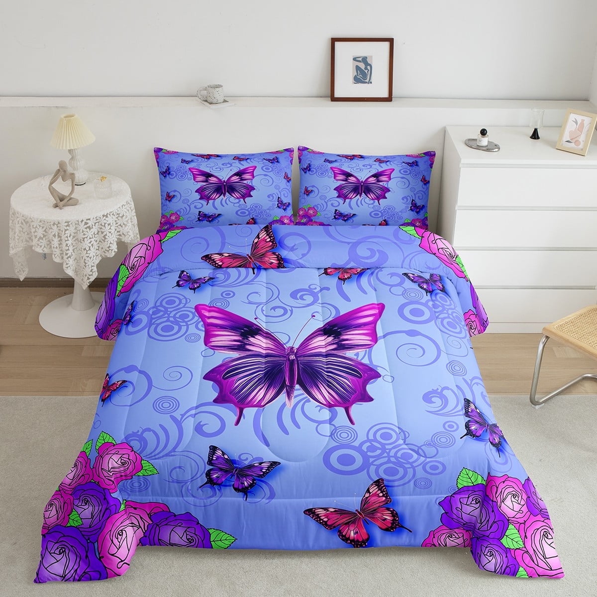 Purple Butterfly Bedding Boho Floral Comforter Set Full, 3D Printed ...