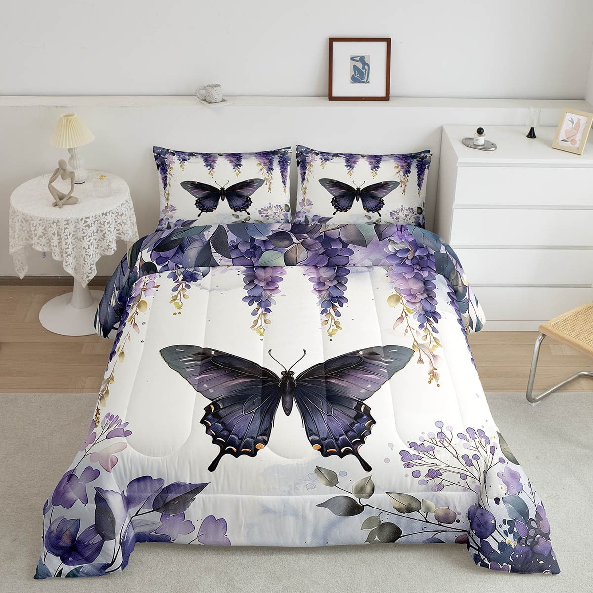 Purple Butterfly Bedding Set,Wisteria Florals King Comforter Sets ...