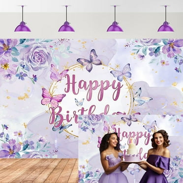 Pink Flower and Butterfly Backdrop Happy Birthday Banner Background ...
