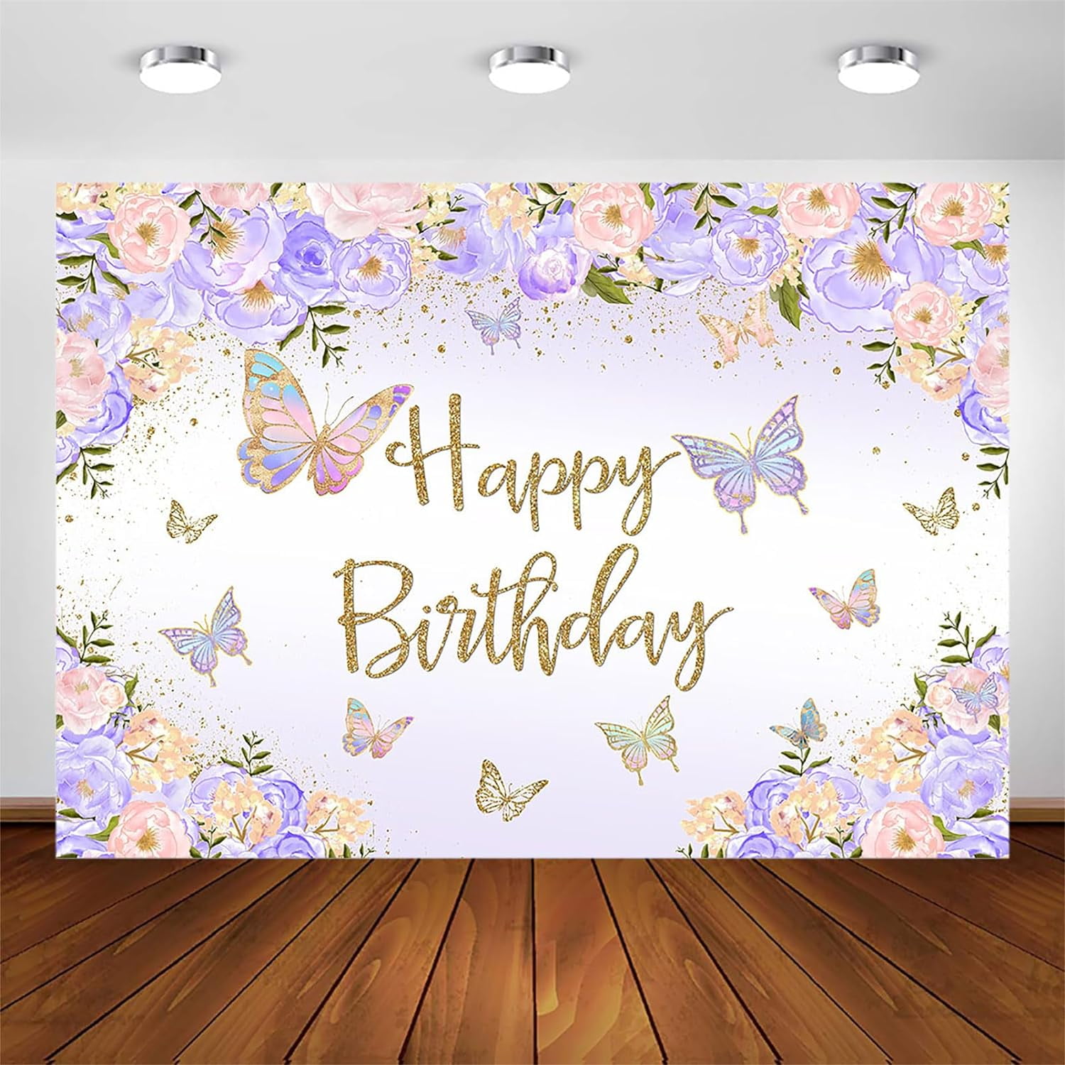 Purple Butterfly Birthday Backdrop for Girl's Purple Peach Floral ...