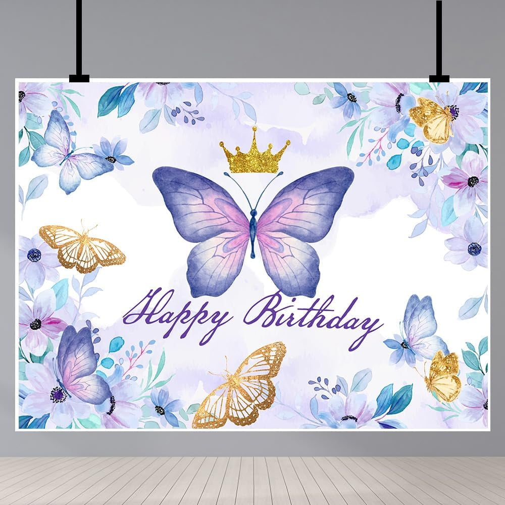Purple Butterfly Birthday Backdrops Purple Gold Butterfly Floral ...