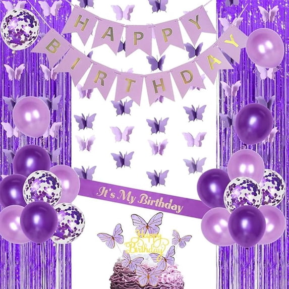 Purple Butterfly Birthday Set with Happy Birthday Banner, Cake Topper ...