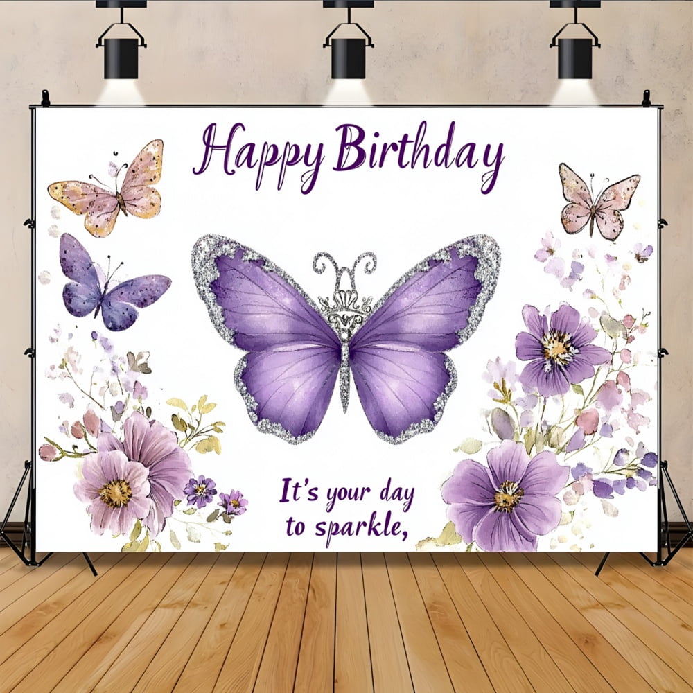Purple Butterfly & Floral Happy Birthday Backdrop – Crown Flower, Green ...