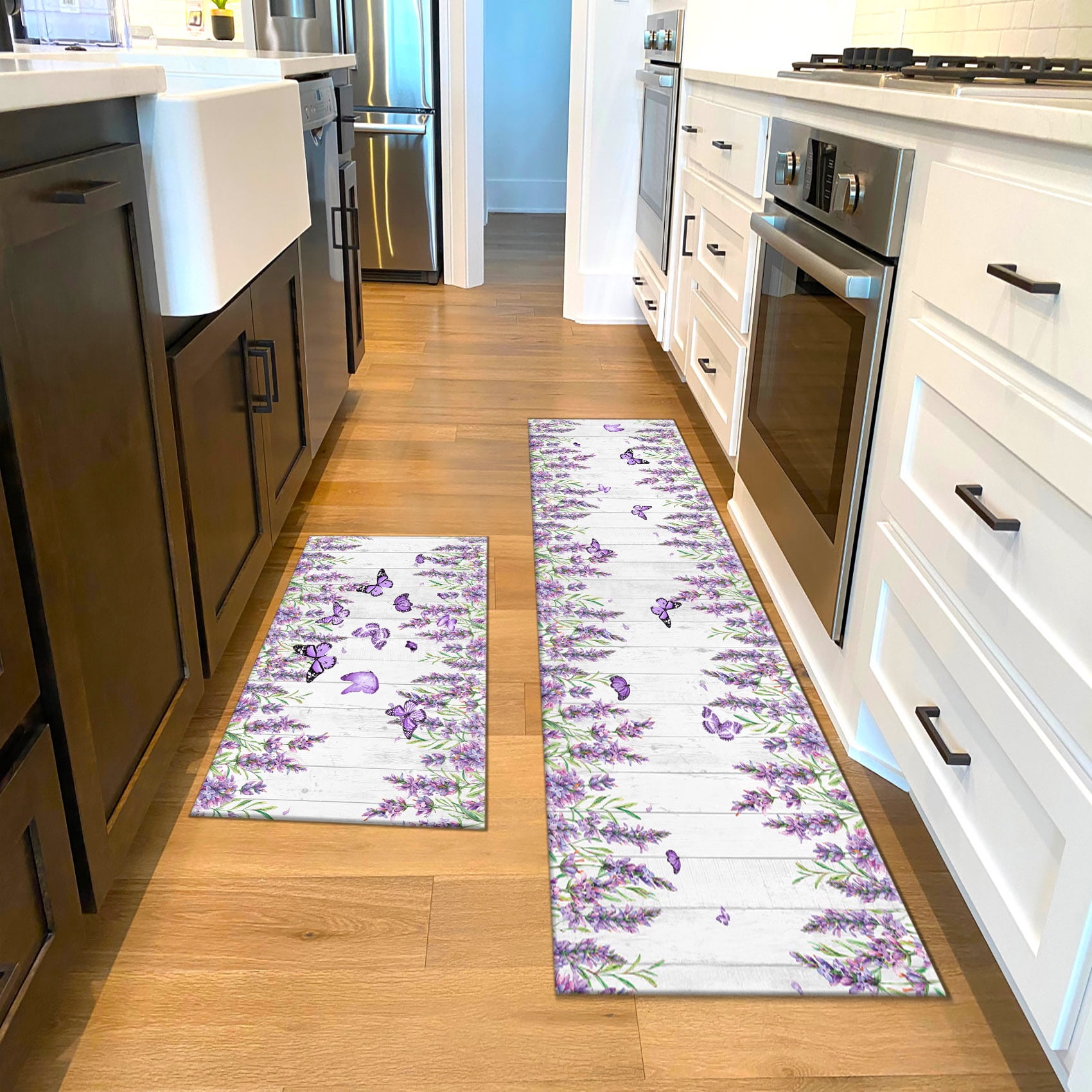 Purple Butterfly Floral Kitchen Rug Set of 2,Anti Fatigue Farmhouse ...
