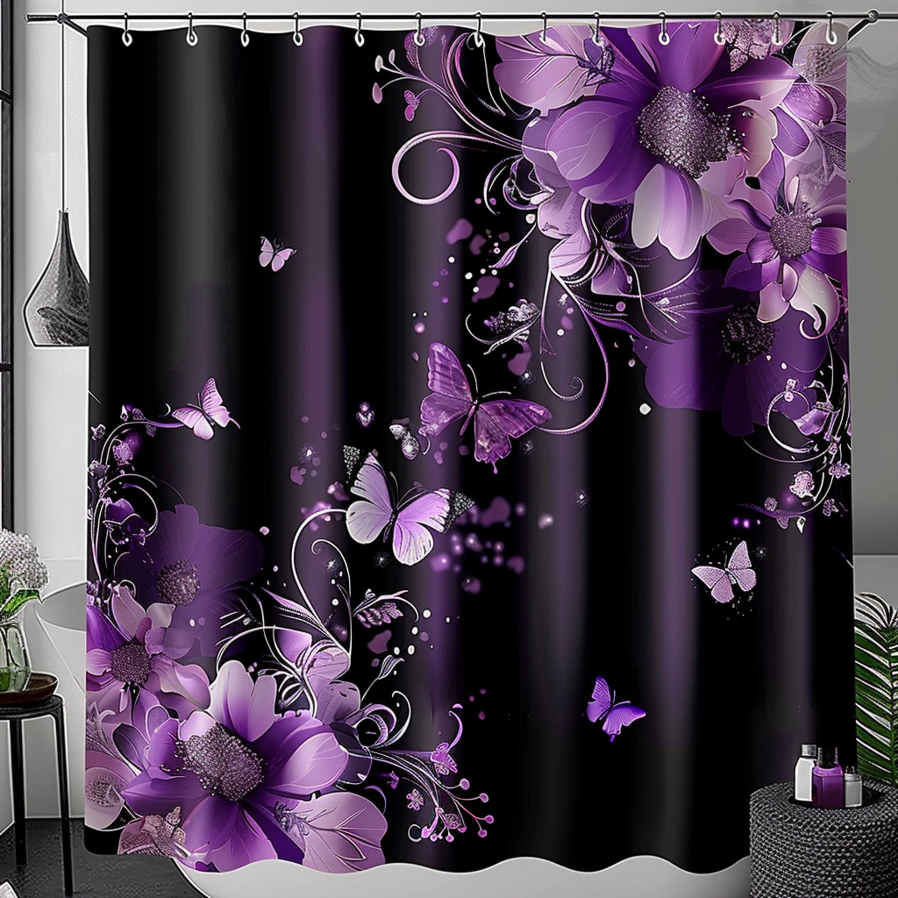 Purple Butterfly Floral Shower Curtain Black Background Butterfly