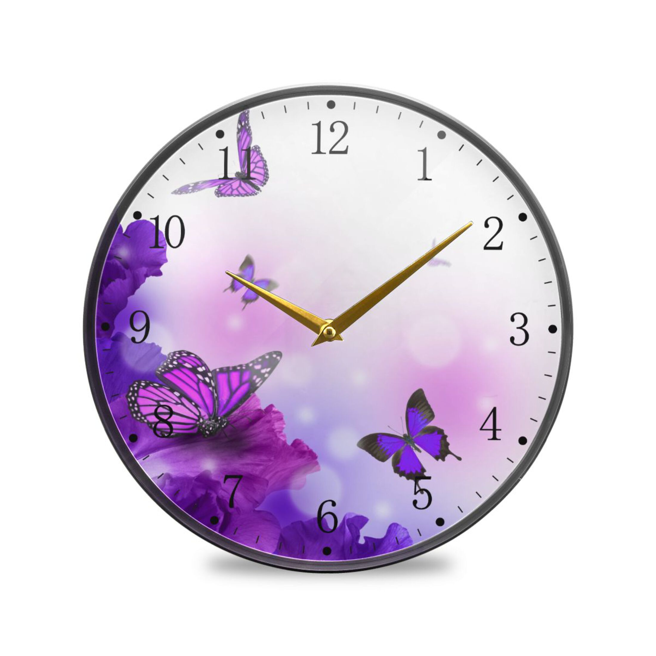 Purple Butterfly Flowers Acrylic Wall Clocks Quiet Round Clock Battery ...