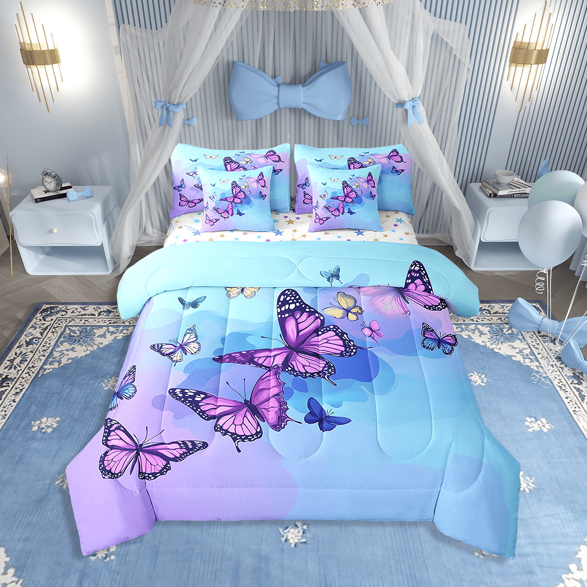 Purple Butterfly Full Bed In A Bag 7 Pcs Blue Purple Gradient Bedding ...