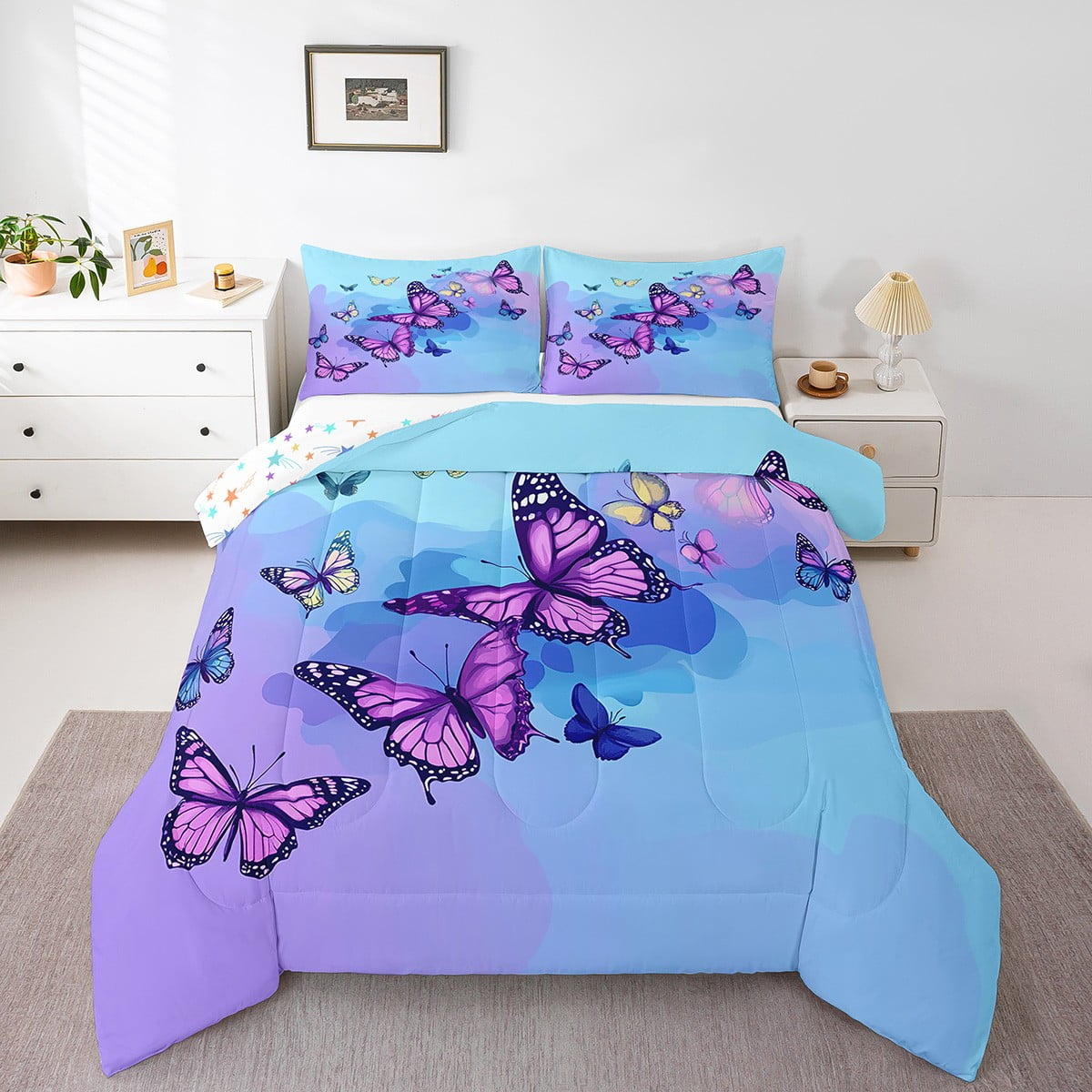 Purple Butterfly Full Comforter Set Blue Purple Gradient Bedding Dreamy ...